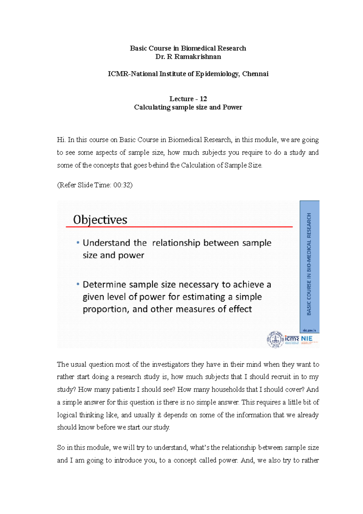 Lec-12 Calculating sample size and power - Basic Course in Biomedical ...