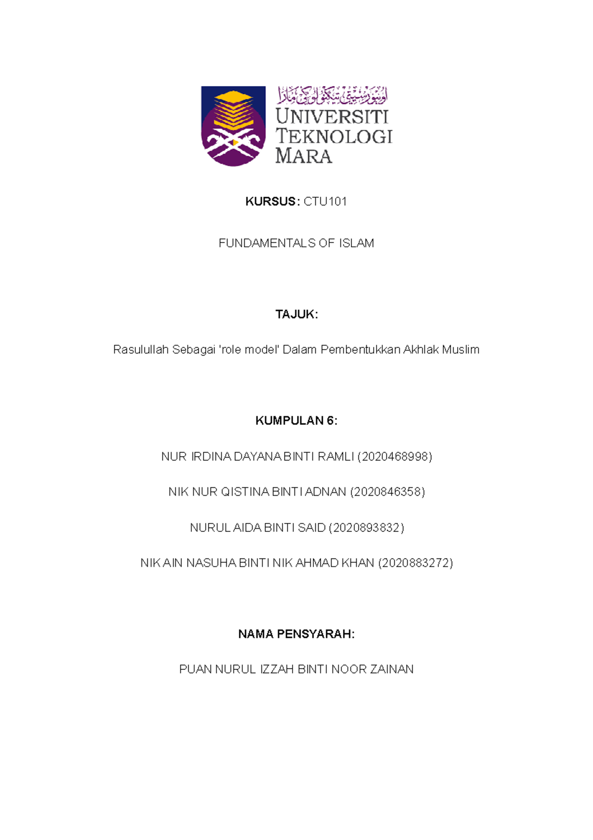 Assignment CTU Group 6 - KURSUS: CTU FUNDAMENTALS OF ISLAM TAJUK ...