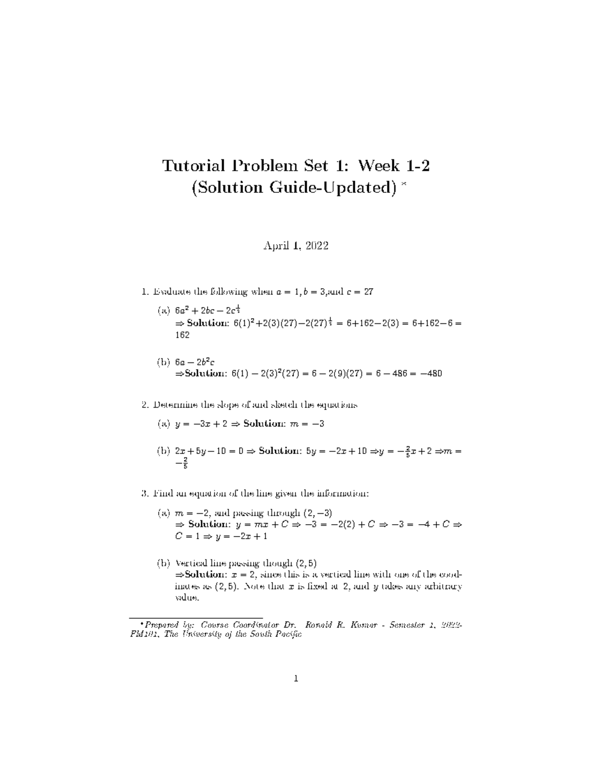 Tutorial 1 Week 2 Soln S1 2022 - Tutorial Problem Set 1: Week 1- (Solution Guide-Updated ...