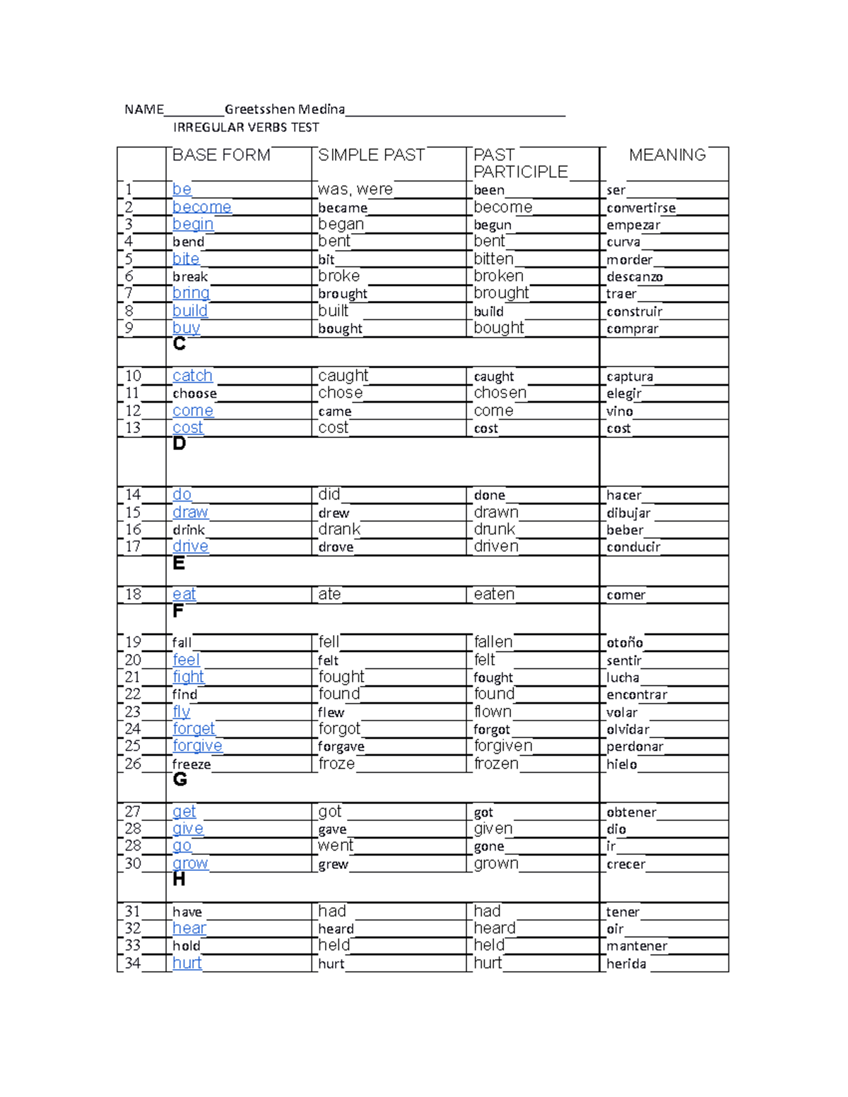 Irregular Verbs TEST - verb - NAME________Greetsshen Medina ...