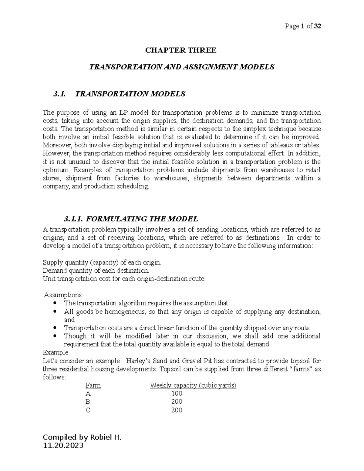 CH-3 - risk - CHAPTER THREE TRANSPORTATION AND ASSIGNMENT MODELS 3 ...