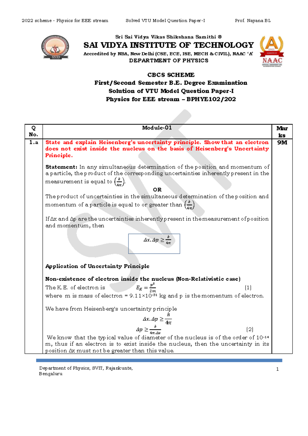Solved MQP-01 Bphye 102 set-01 17 - Department of Physics, SVIT ...