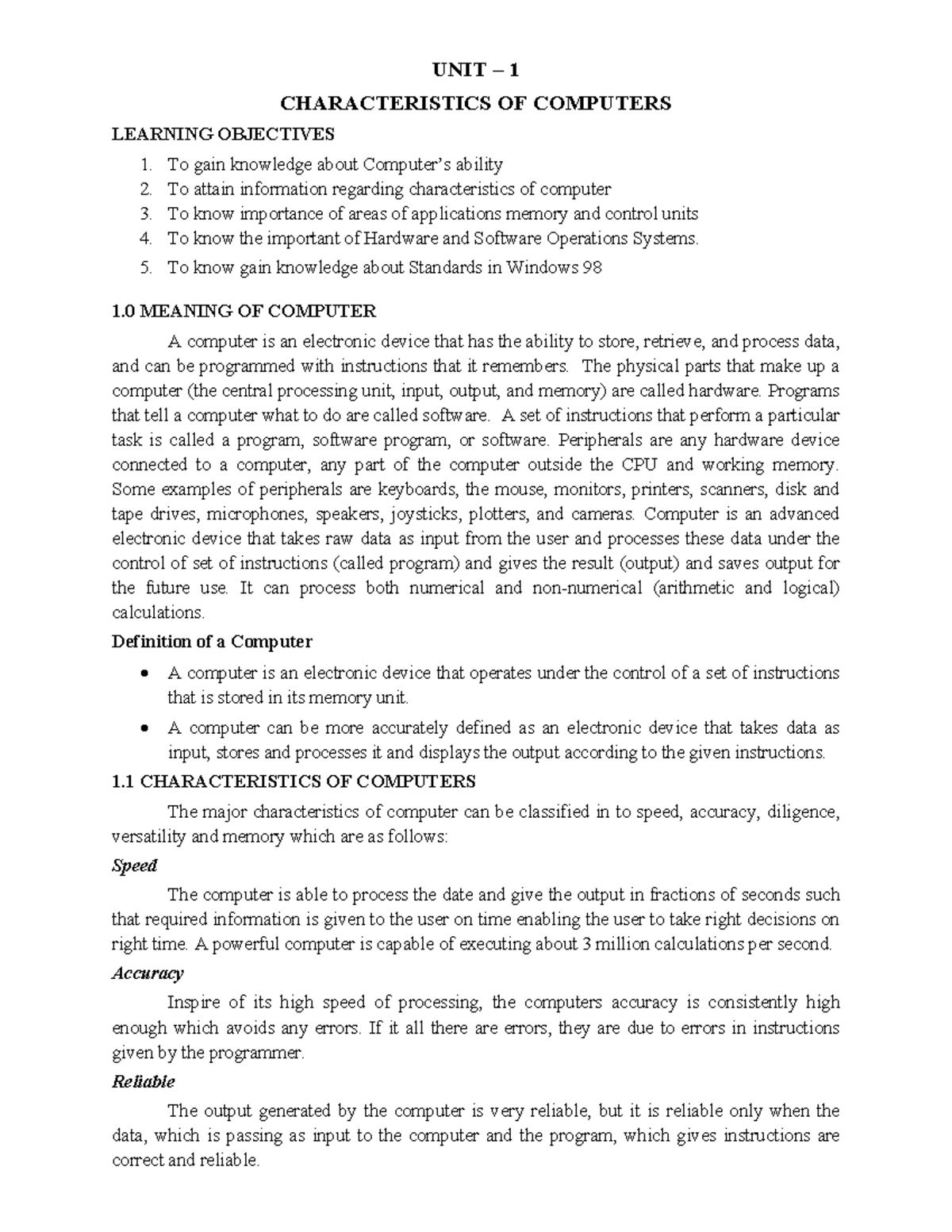 Major paper-VII-Computer Application in Business Accounting - UNIT – 1 CHARACTERISTICS OF ...