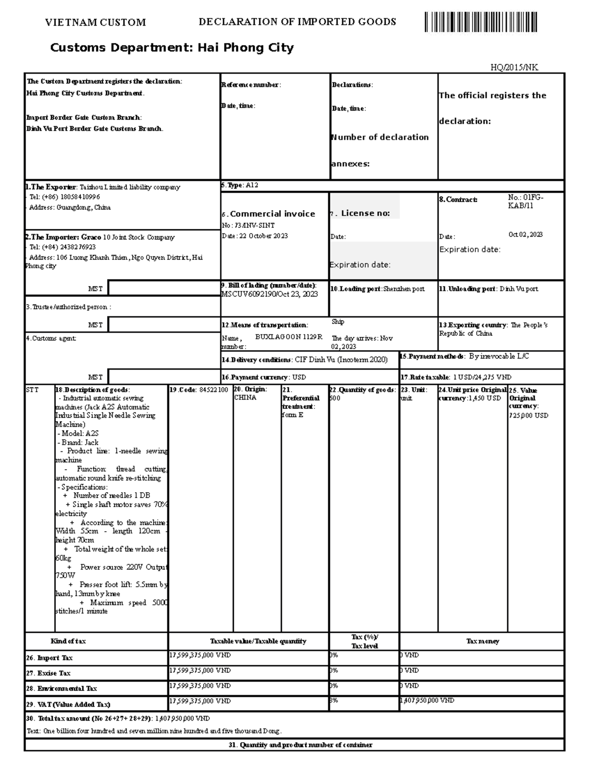 To khai hai quan nk - HVTC - VIETNAM CUSTOM DECLARATION OF IMPORTED GOODS Customs Department ...