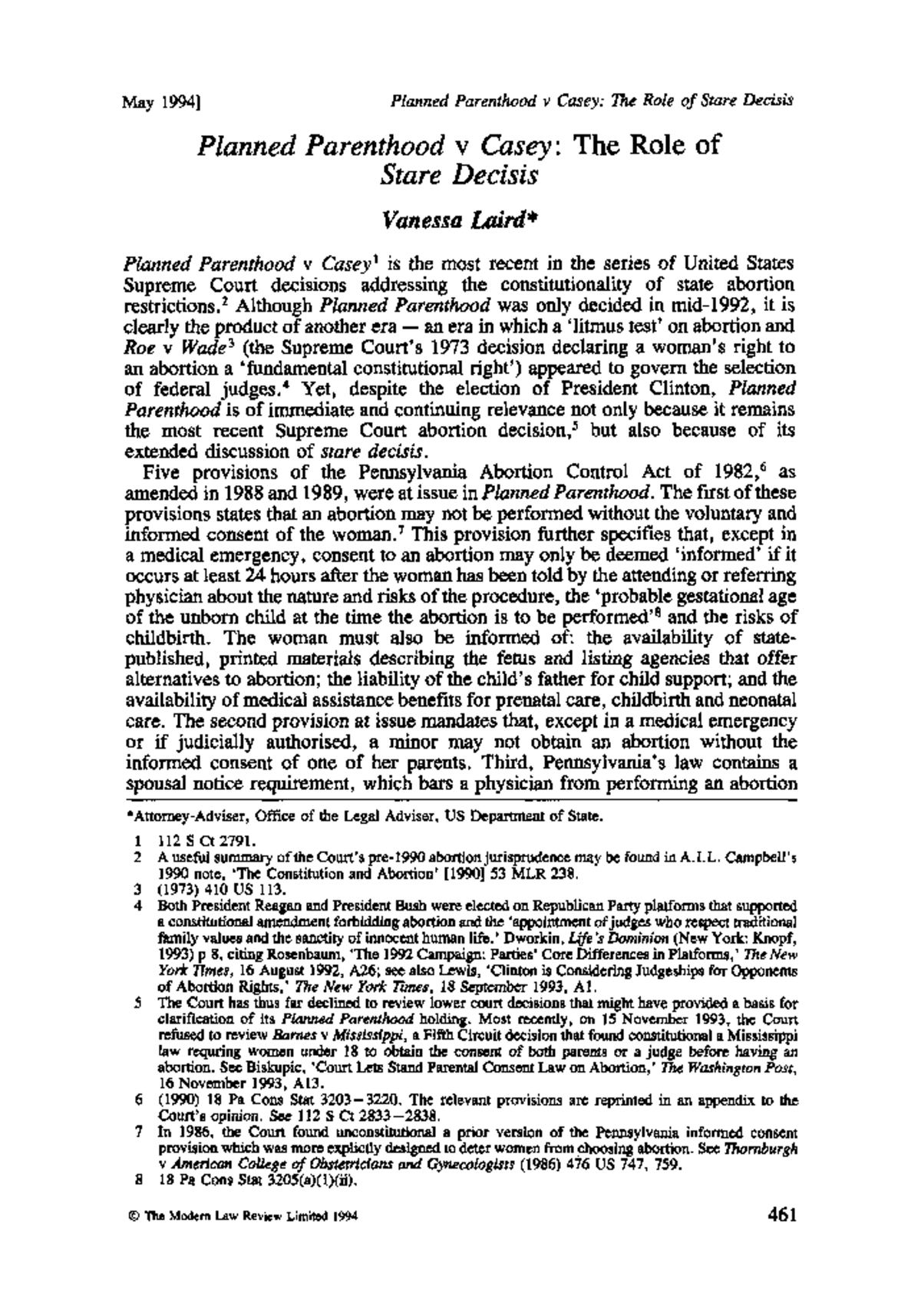 Modern The Role of Stare Decisis - May 19941 Planned Parenthood v Casey ...