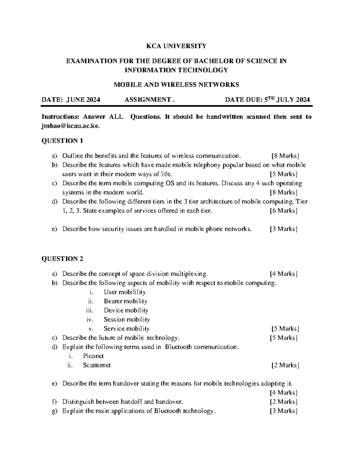 Mobile Computing Assignment July 2024 Kca Kca University Examination For The Degree Of