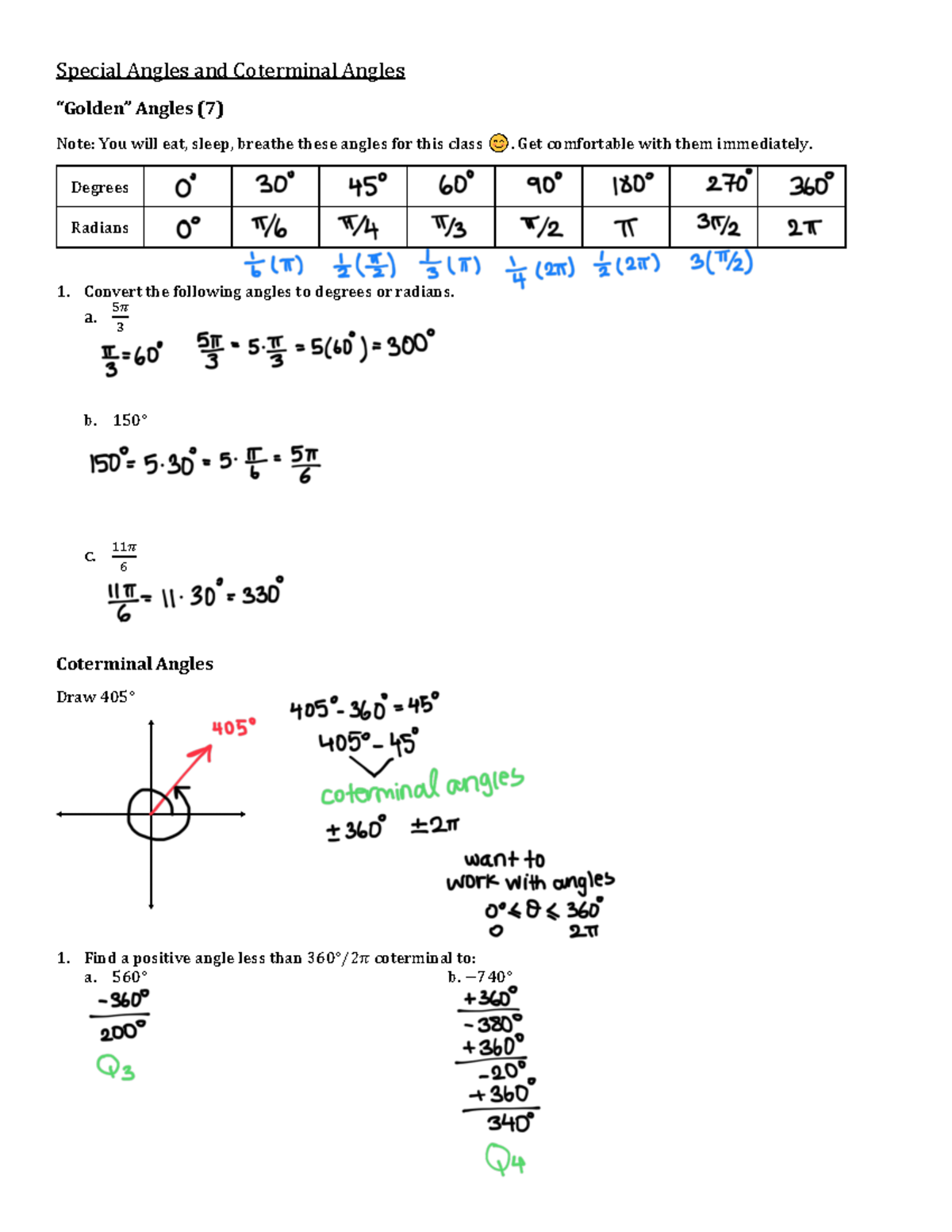 W1+V3+Special+Angles+and+Coterminal+Angles - MAC 1114 - Special Angles ...