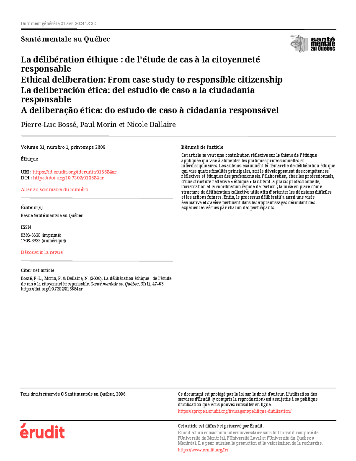 Texte 7.4: La délibération éthique : de l’étude de cas à la citoyenneté ...