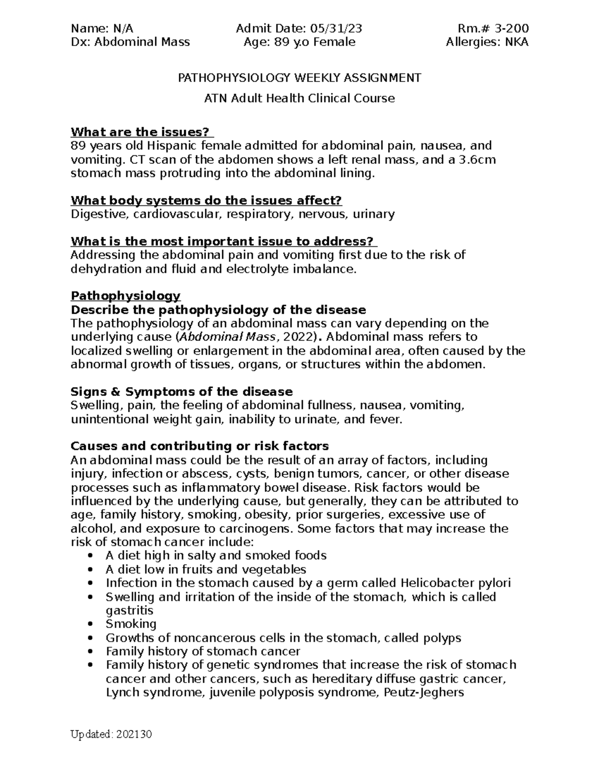 Abdominal Mass Patho - Dx: Abdominal Mass Age: 89 y Female Allergies ...