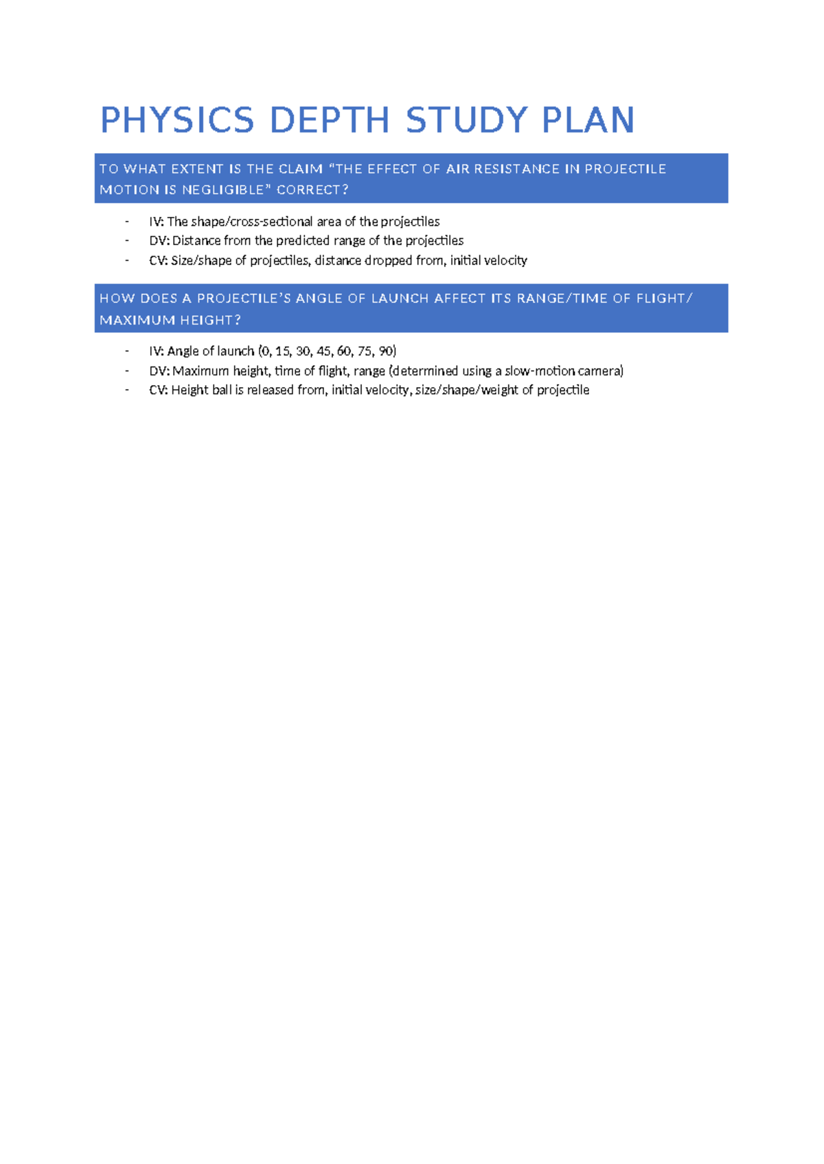 Depth study ideas - PHYSICS DEPTH STUDY PLAN TO WHAT EXTENT IS THE ...