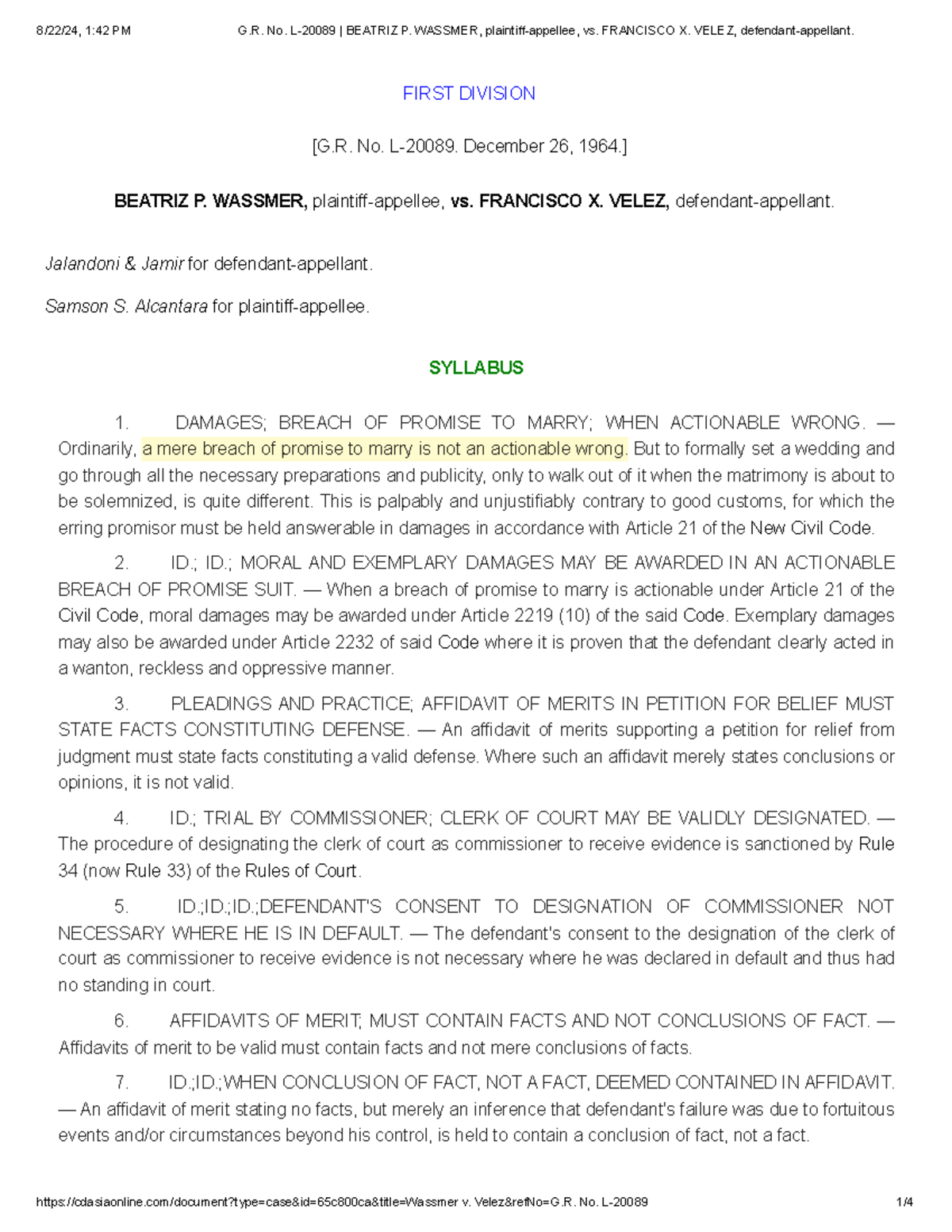 13 Wassmer v. Velez - ..... - FIRST DIVISION [G. No. L-20089. December ...