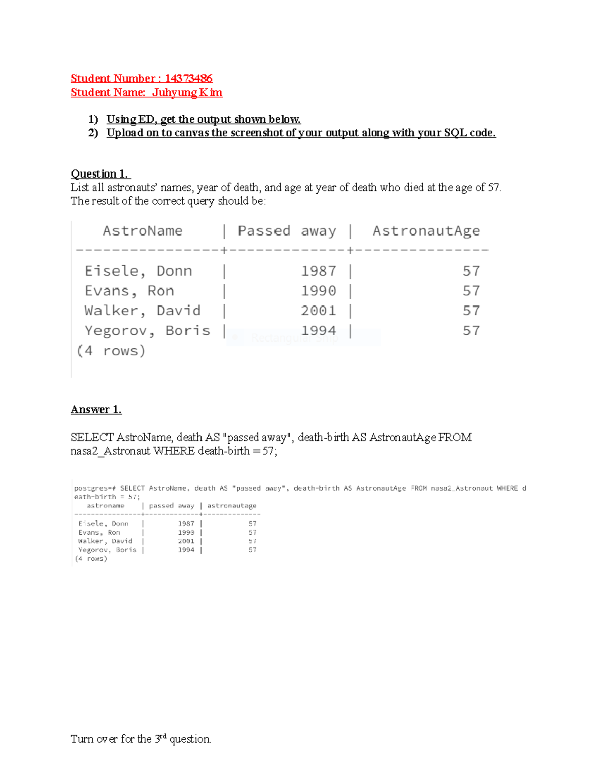 SQL TEST1 ONLY Questions Aut 2023 - Student Number : 14373486 Student ...