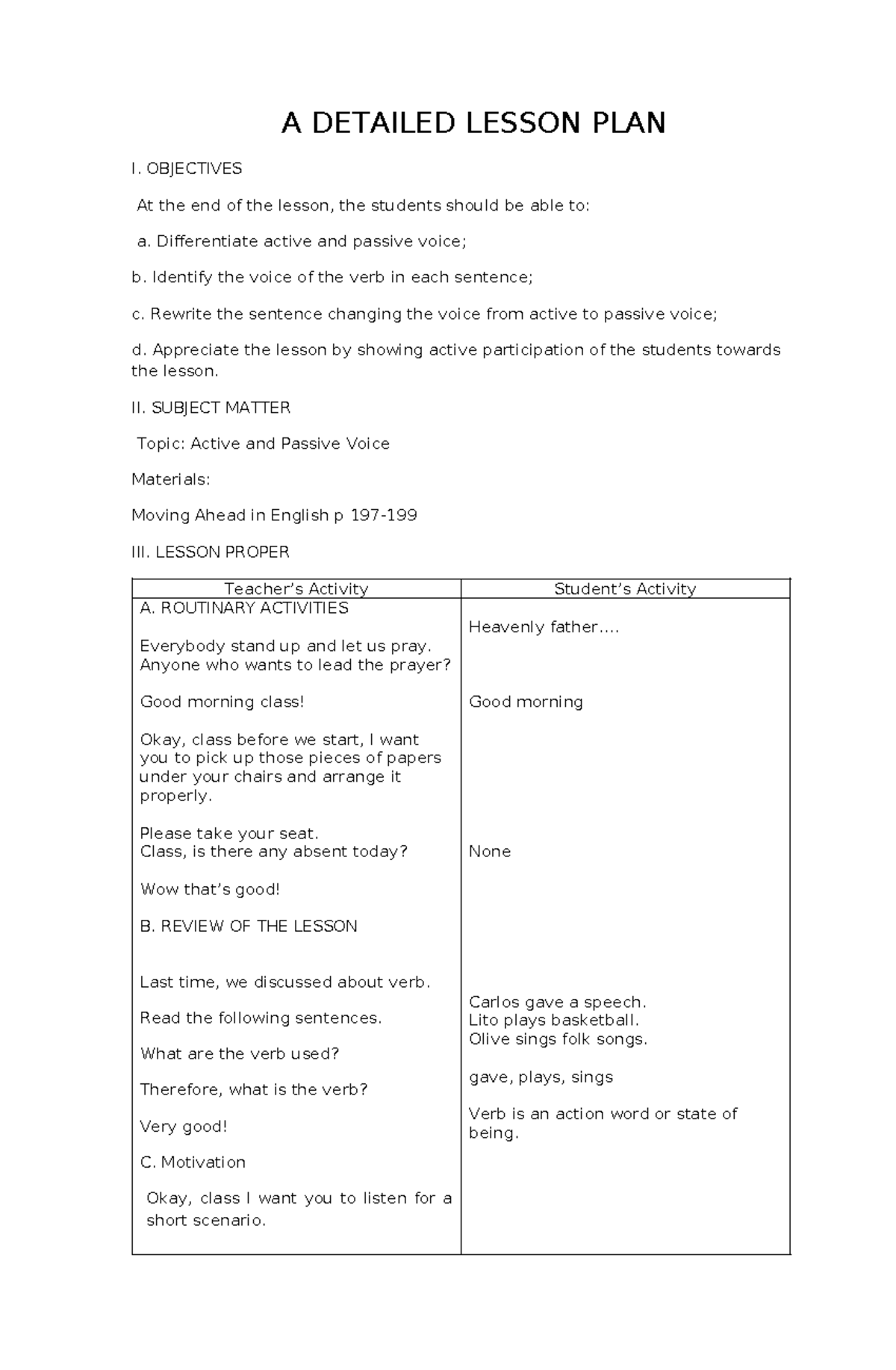 A Detailed Lesson PLAN in Active and Passive Voice - A DETAILED LESSON ...
