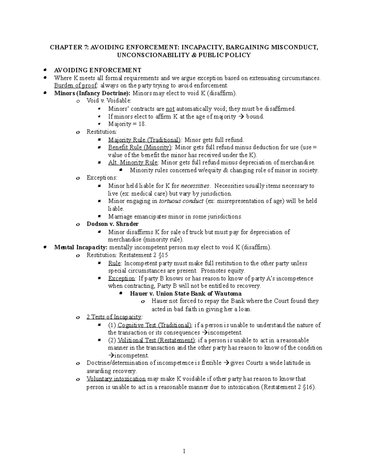 Contracts Law Outline - 1 - CHAPTER 7: AVOIDING ENFORCEMENT: INCAPACITY ...