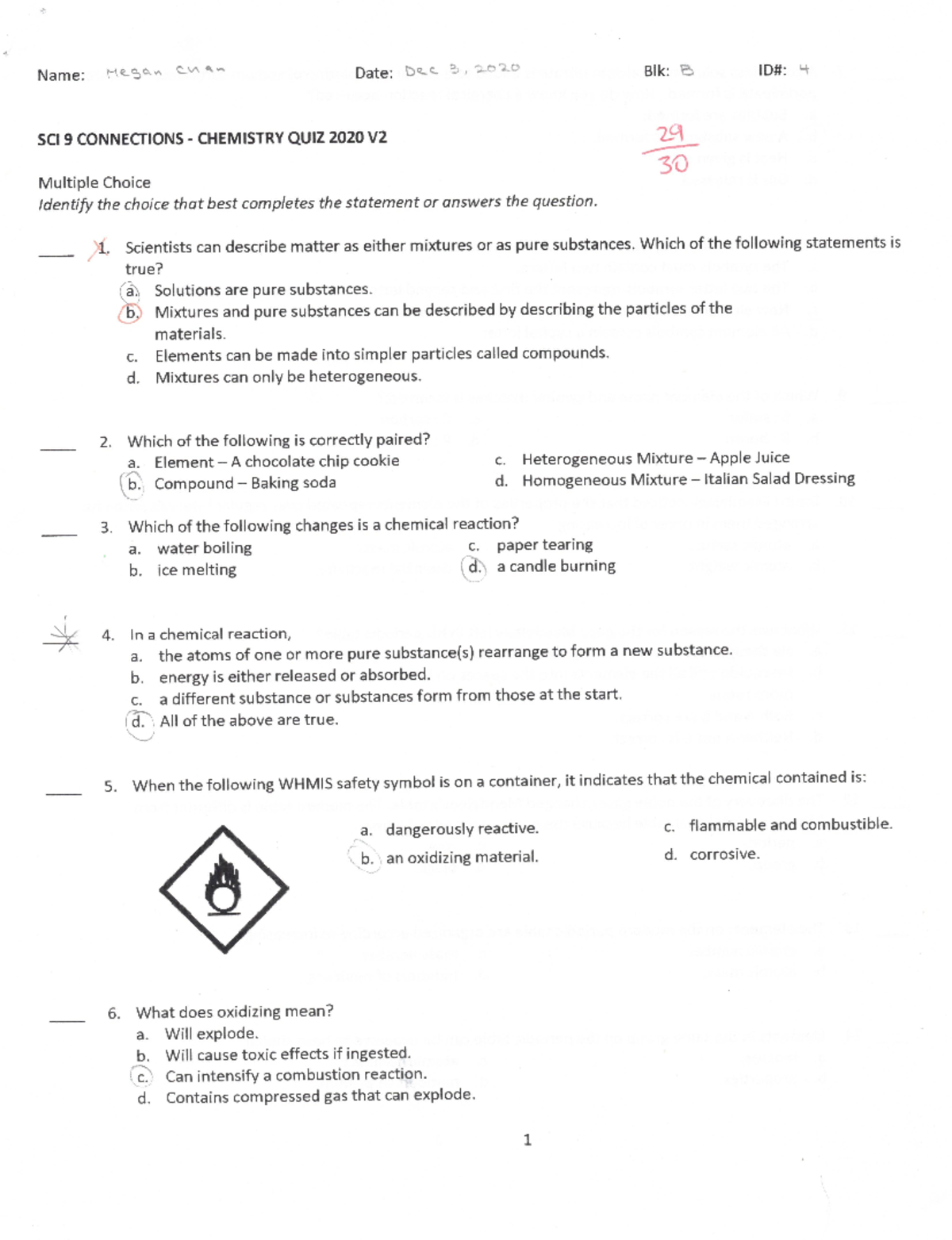Science - Chemistry Quiz - Name: Megan Date: Dec 3,2020 Blk: 4 SCI 9 ...