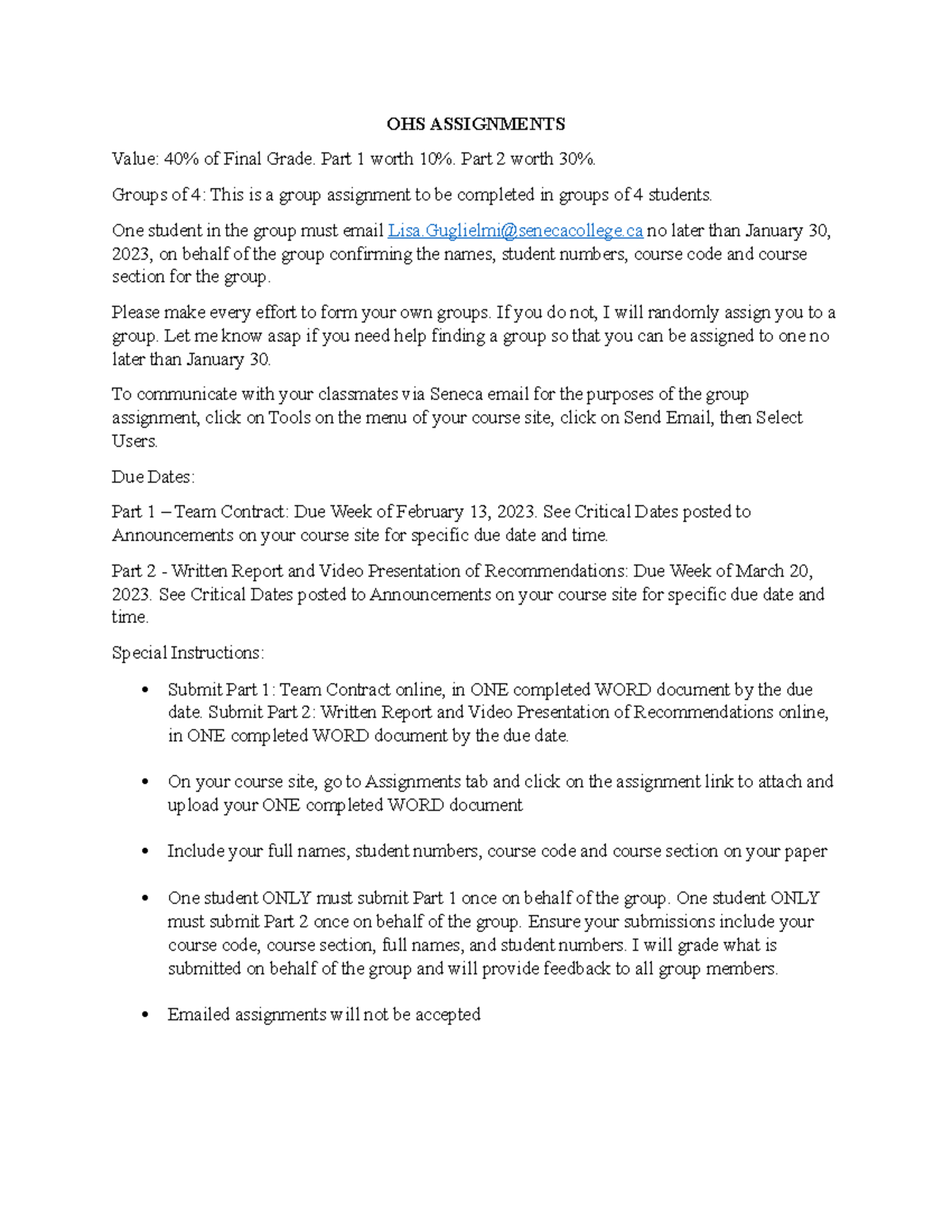 HRM843 OHS Assignments Winter 2023 - OHS ASSIGNMENTS Value: 40% of ...