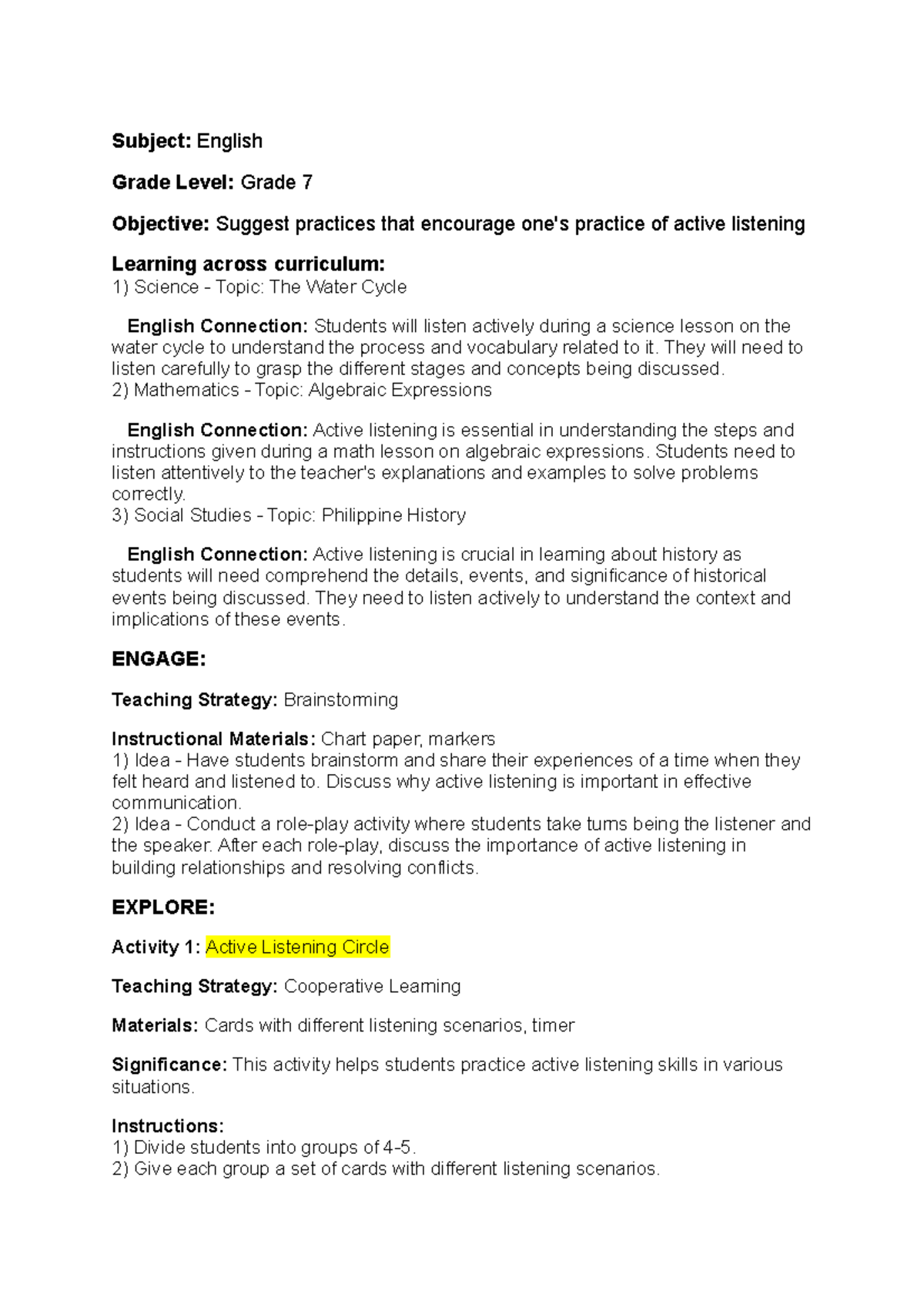 Lesson plan - Subject: English Grade Level: Grade 7 Objective: Suggest ...