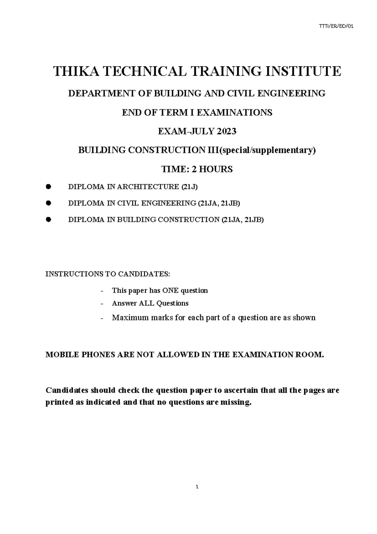 GBC special - exam - TTTI/ER/EO/ THIKA TECHNICAL TRAINING INSTITUTE ...