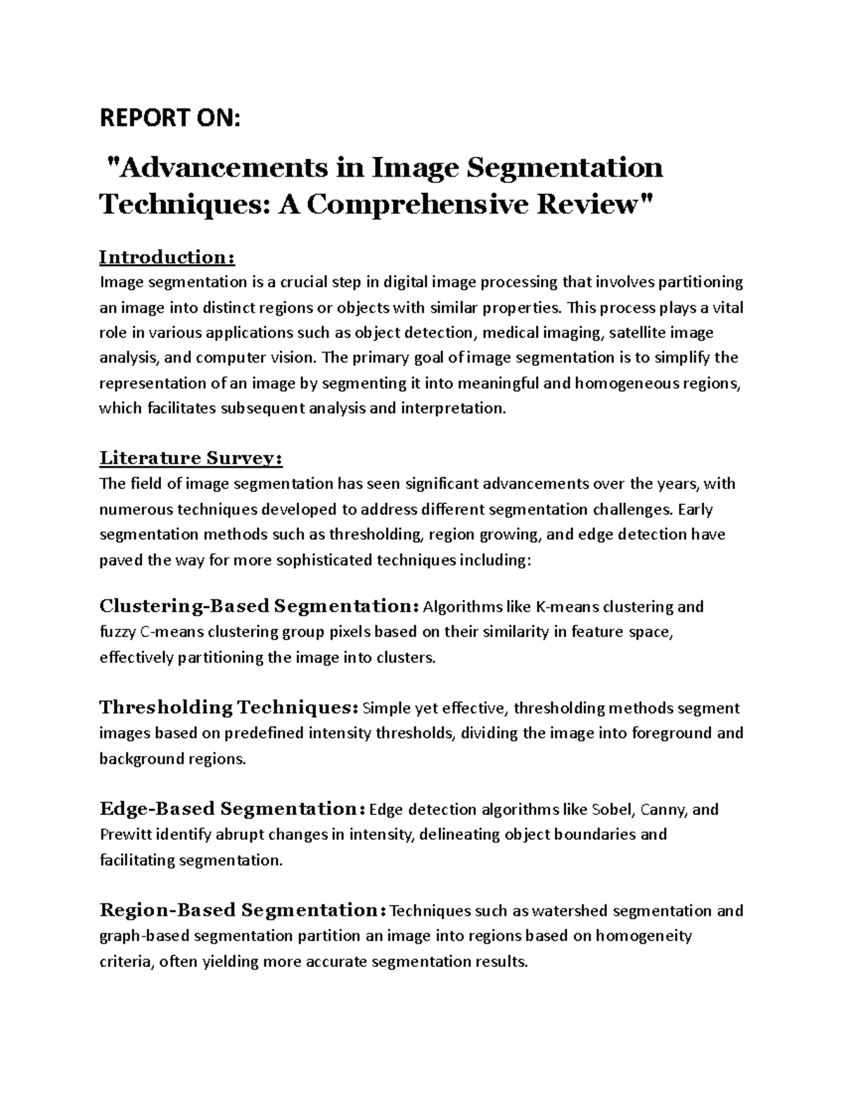 Image processing report - REPORT ON: "Advancements in Image Segmentation Techniques: A - Studocu