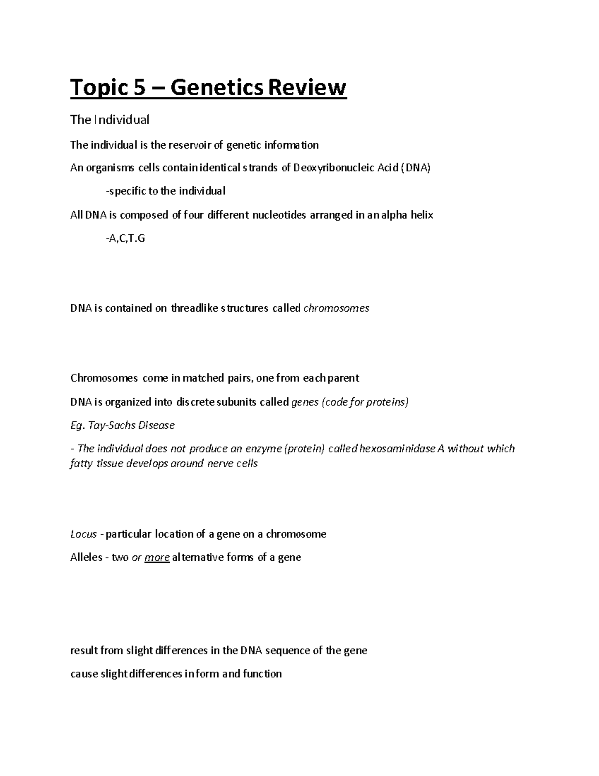 Topic 5 - Genetics Review - Topic 5 – Genetics Review The Individual ...