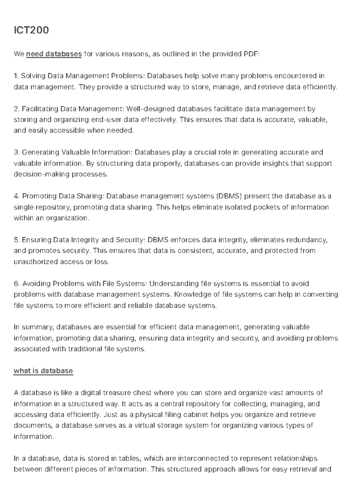 ICT200 Chapter 1 - ICT We need databases for various reasons, as outlined in the provided PDF ...