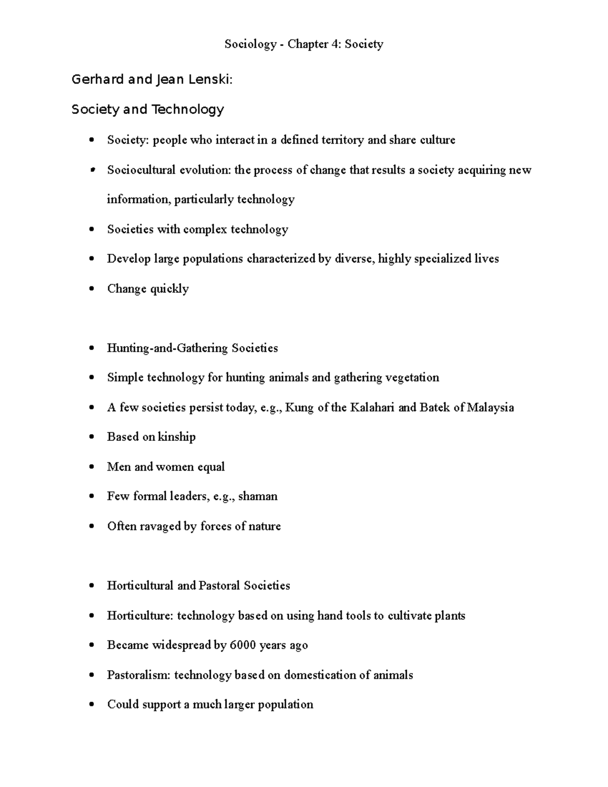 Sociology - Chapter 4 Society- Lecture Notes - Gerhard and Jean Lenski ...
