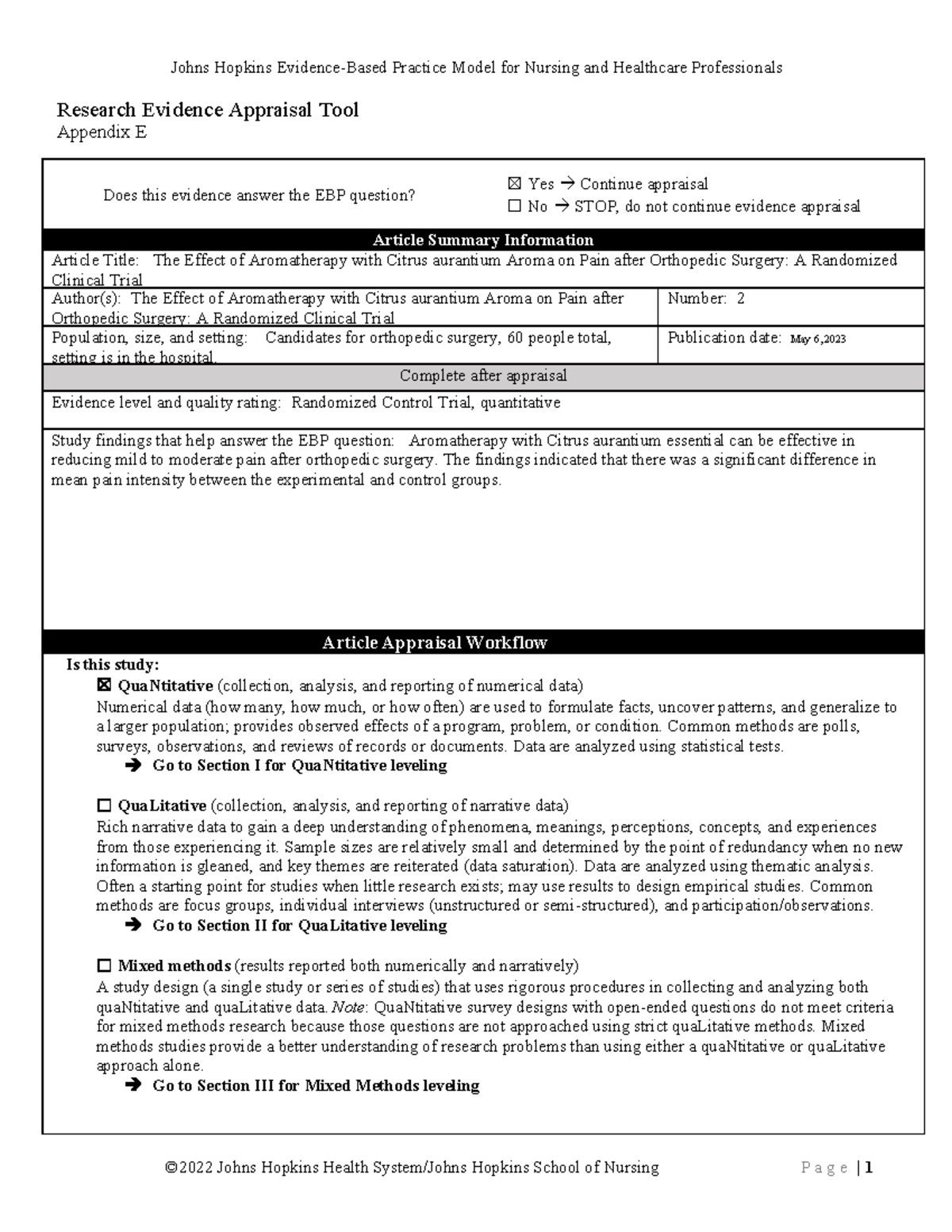 PICO Appendix C1 JHU Research Evidence Appraisal Tool Nursing&HCP YF ...