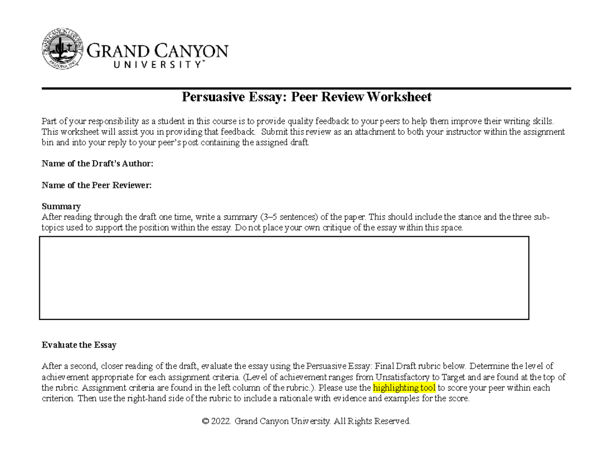 T-6 Peer Review Worksheet PHI105 - Persuasive Essay: Peer Review ...
