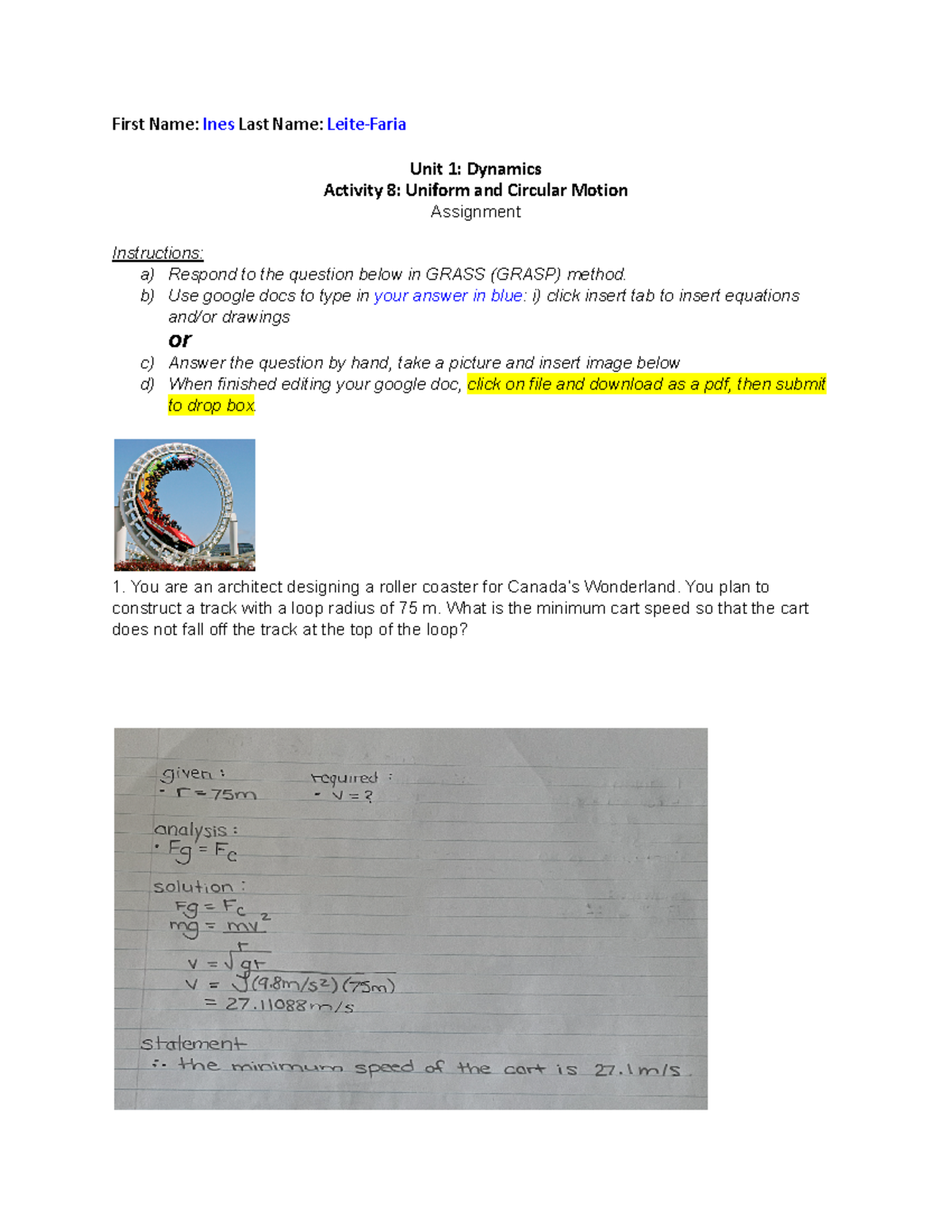 Unit 1 Dynamics Activity 8 Assignment Uniform and Circular Motion ...