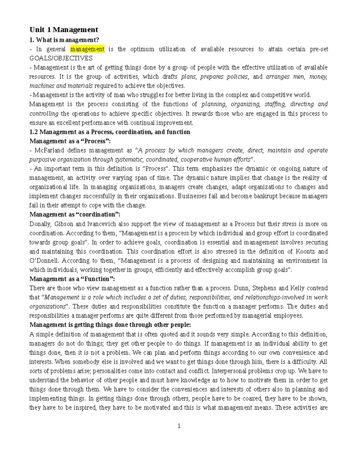 Unit 1 Management - lecture notes - Unit 1 Management What is ...