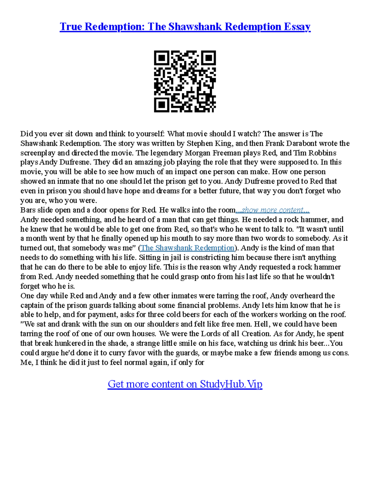 Shawshank Redemption Essay - The story was written by Stephen King, and ...
