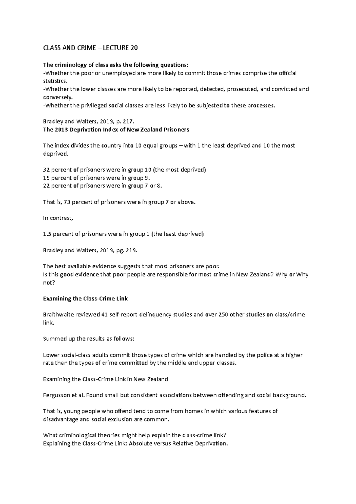 Class AND Crime - Lecture 20 - CLASS AND CRIME – LECTURE 20 The ...