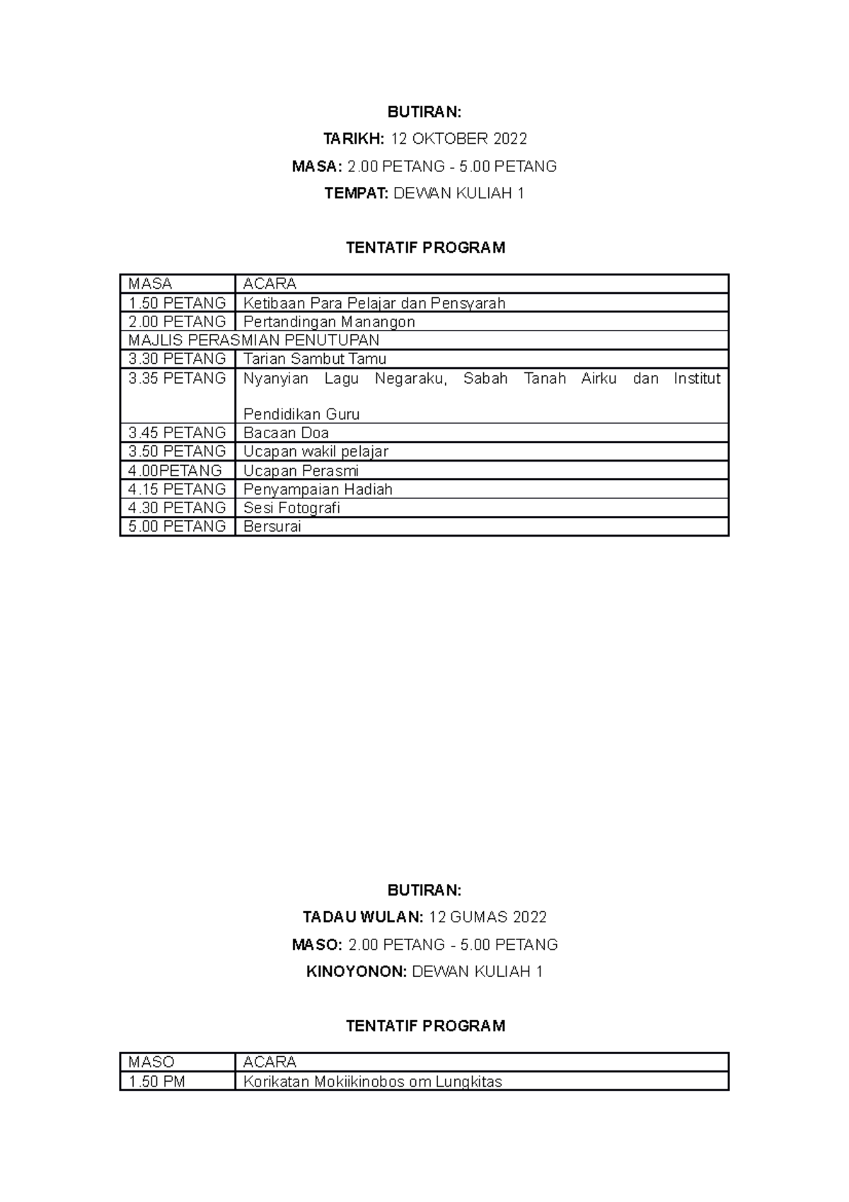 Tentatif Program - BUTIRAN: TARIKH: 12 OKTOBER 2022 MASA: 2 PETANG - 5 ...