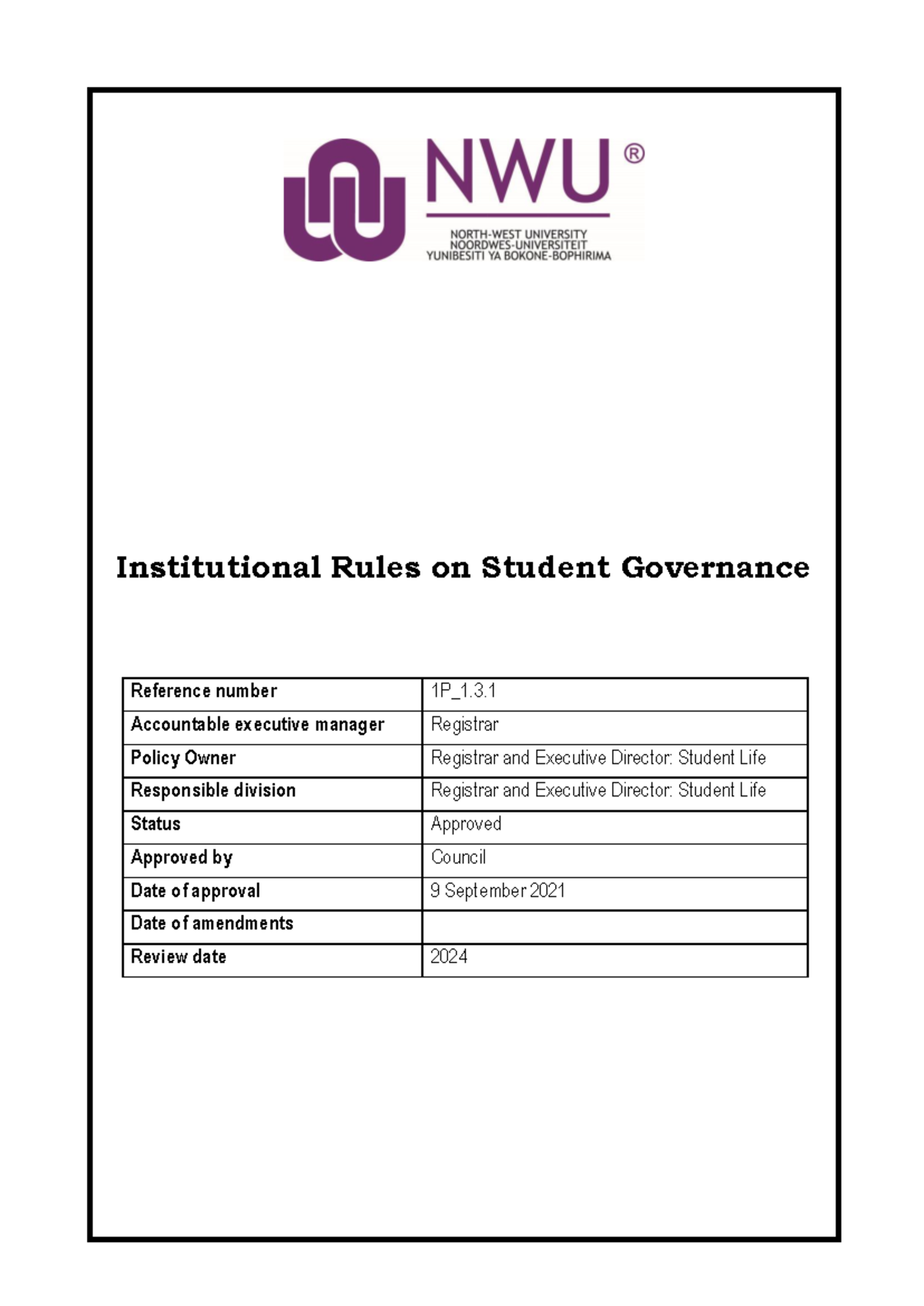 1P 1 - Rules of Nwu regarding the procedure of holding students to ...