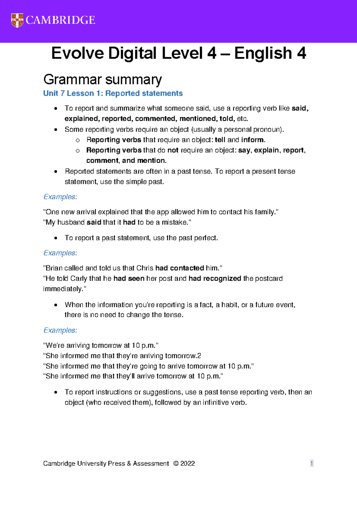Unit 7 - E4 - Grammar - unit 7 - Cambridge University Press & Assessment © 2022 1 Evolve Digital ...