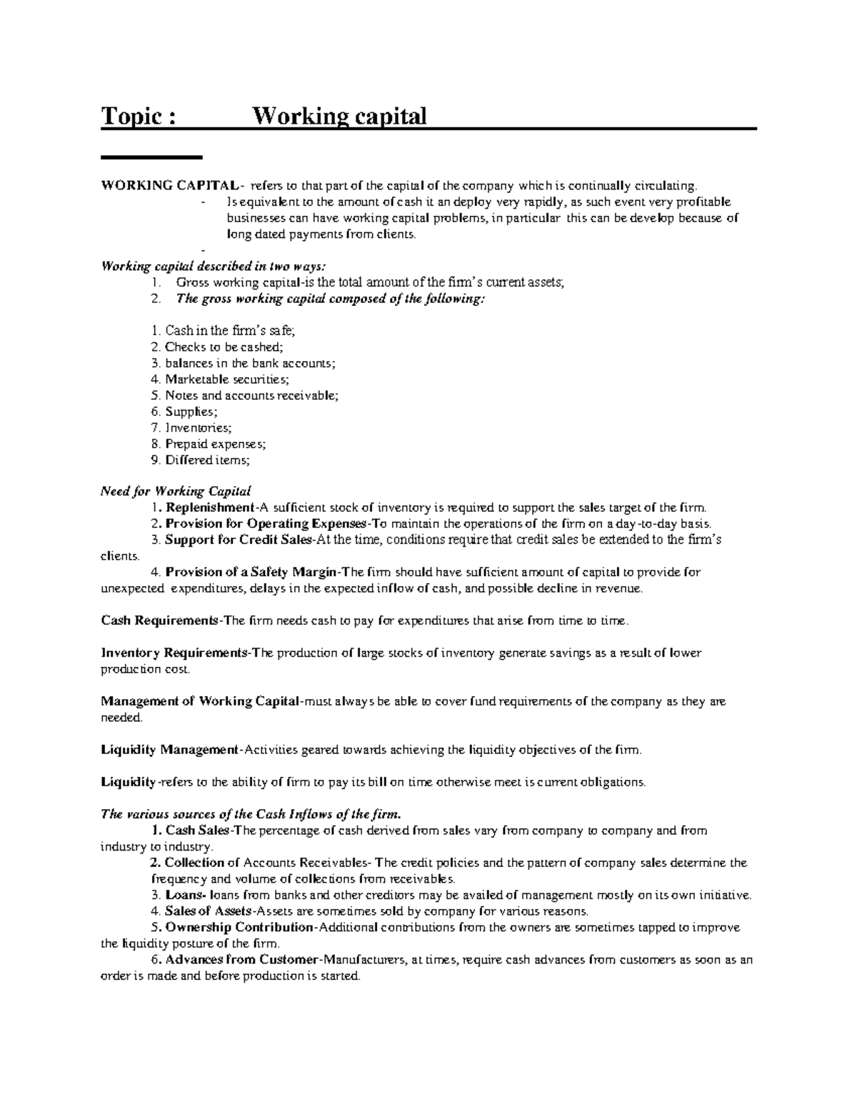 Working Capital - Topic : Working capital WORKING CAPITAL - refers to ...