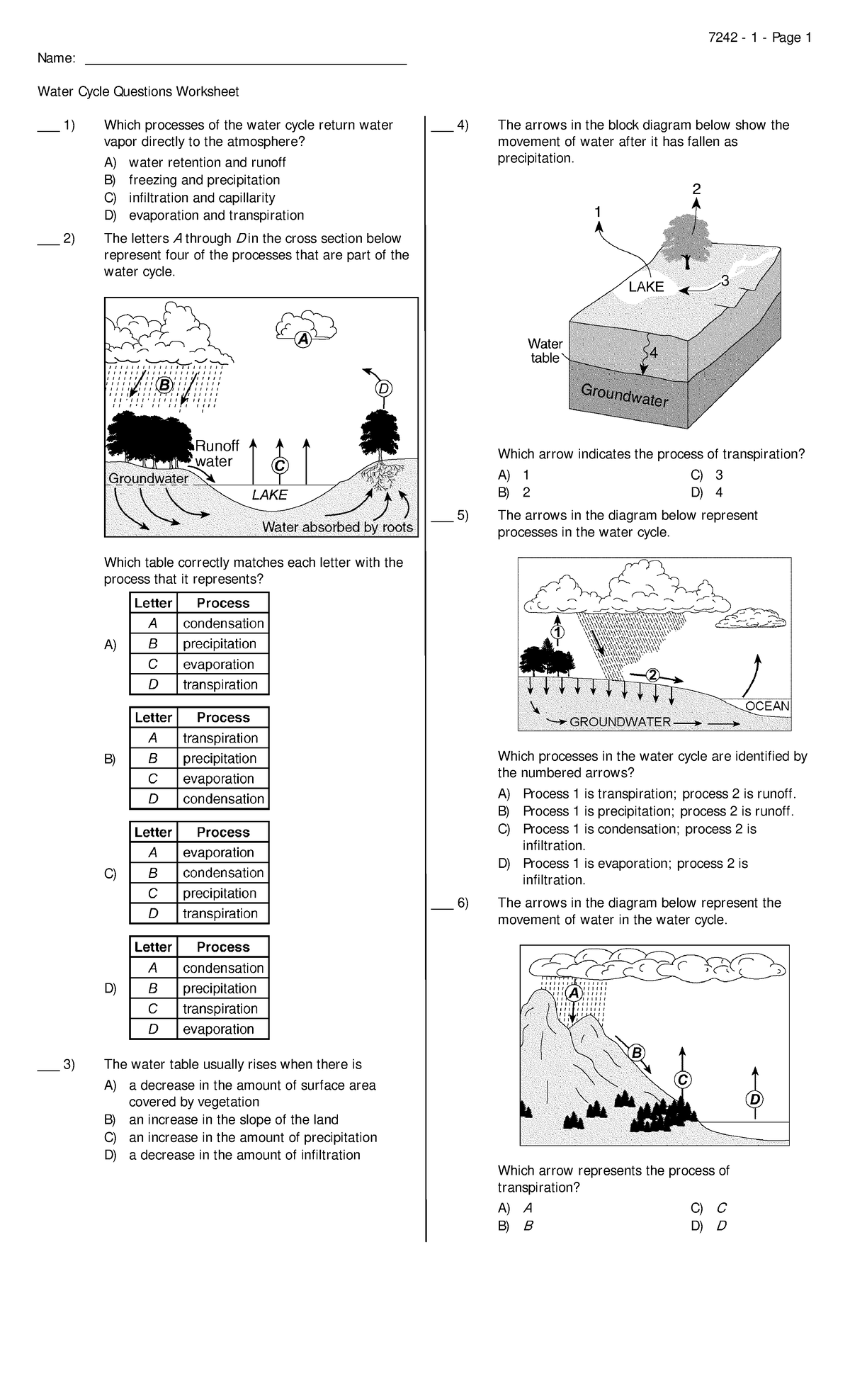 Water Cycle Regents Questions Worksheet - Name