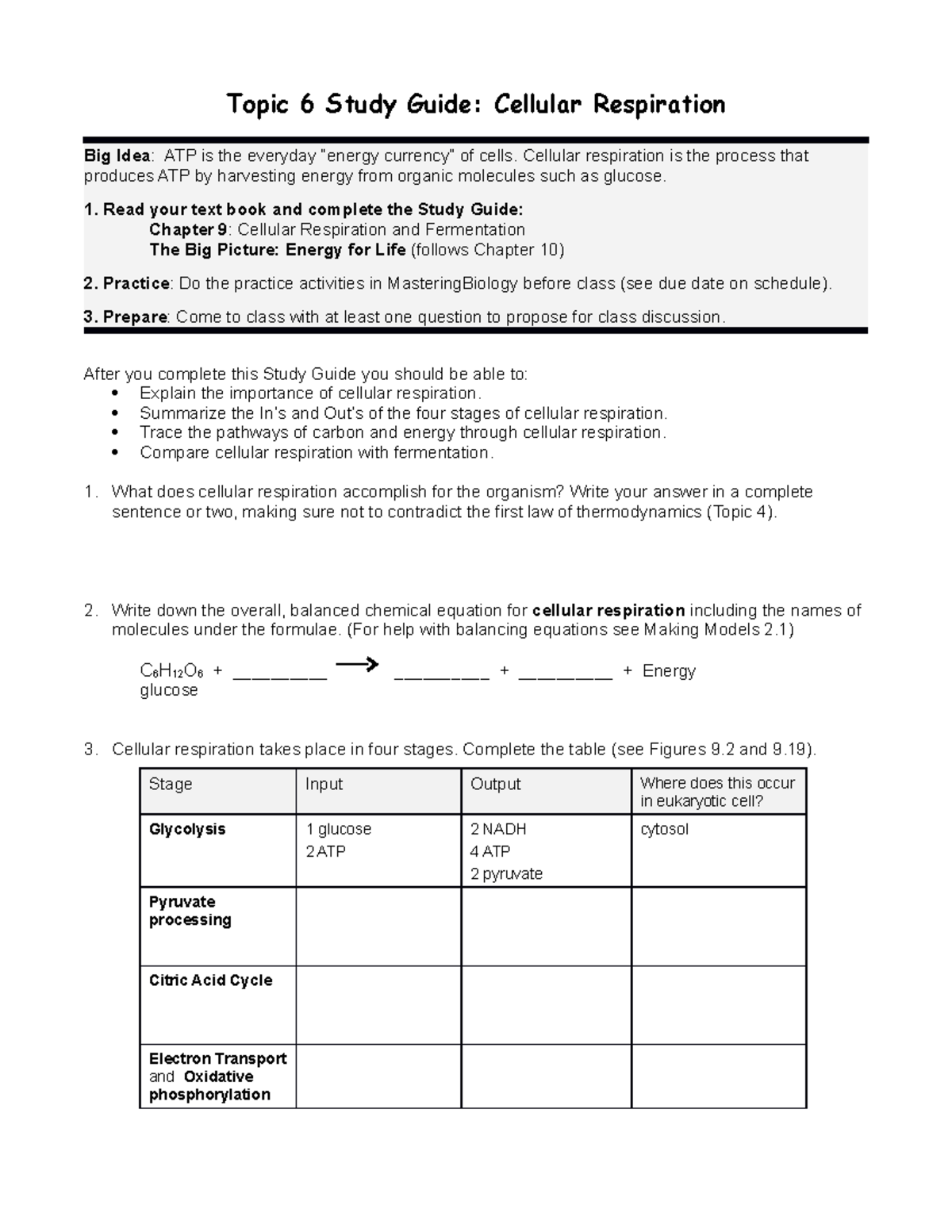 Topic 6 Study Guide: Cellular Respiration Big Idea: ATP is the everyday ...