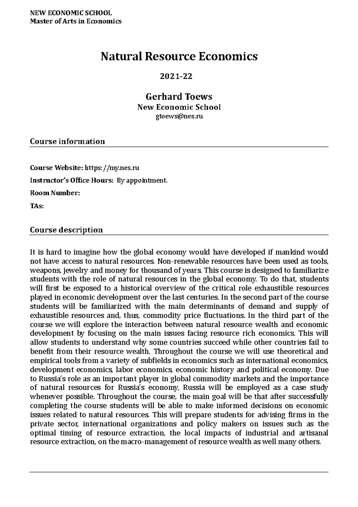 NRE-MAE-v4 - asda - NEW ECONOMIC SCHOOL Master of Arts in Economics Natural Resource Economics ...