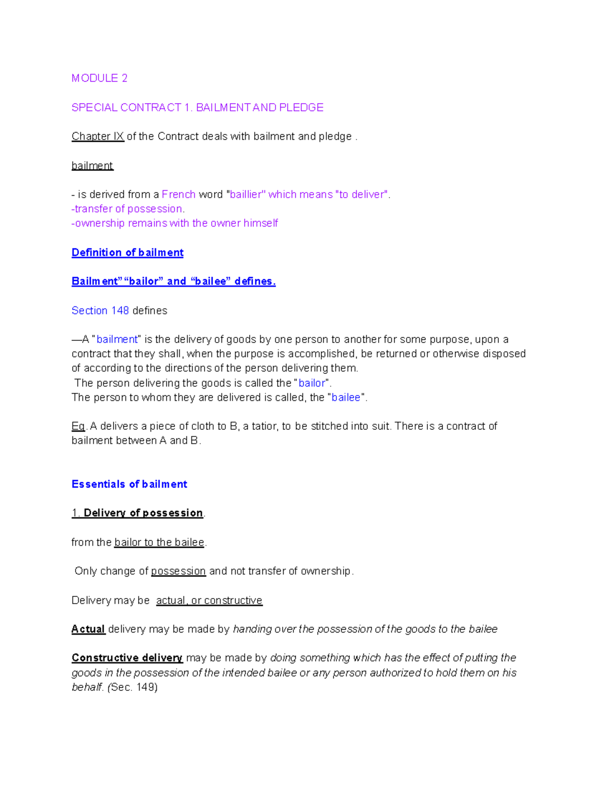 Gk bailment, module 2 - Second sem notes - MODULE 2 SPECIAL CONTRACT 1 ...