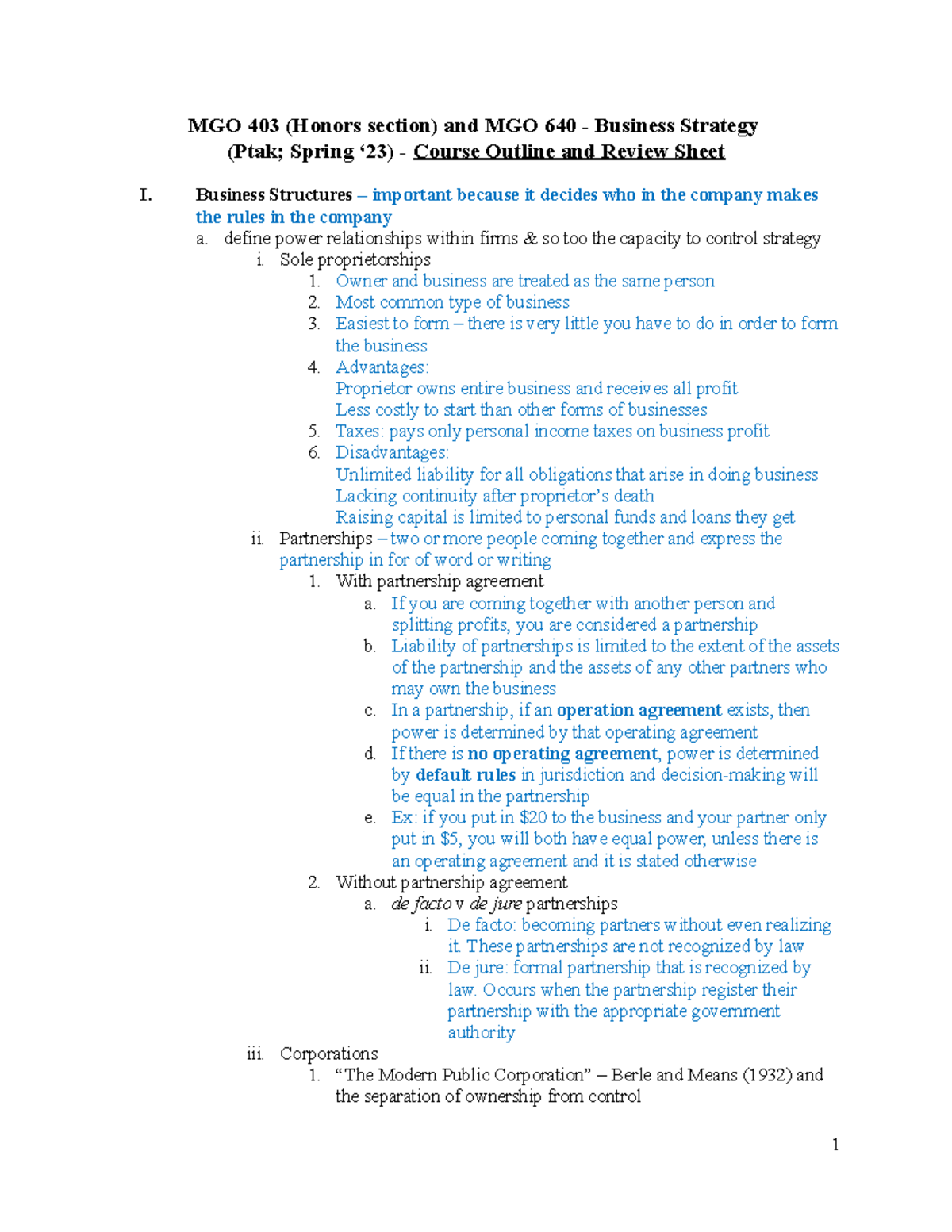 MGO640 Midterm Review Sheet - MGO 403 (Honors section) and MGO 640 - Business Strategy (Ptak ...