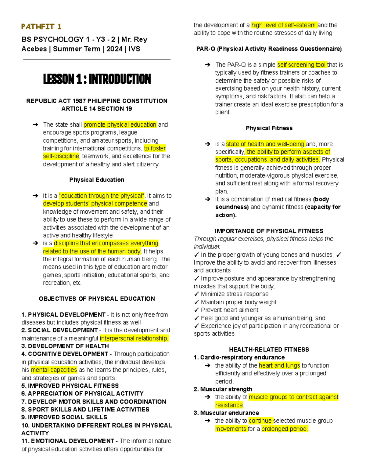 Pathfit 1 - PATHFIT 1 BS PSYCHOLOGY 1 - Y3 - 2 | Mr. Rey Acebes ...
