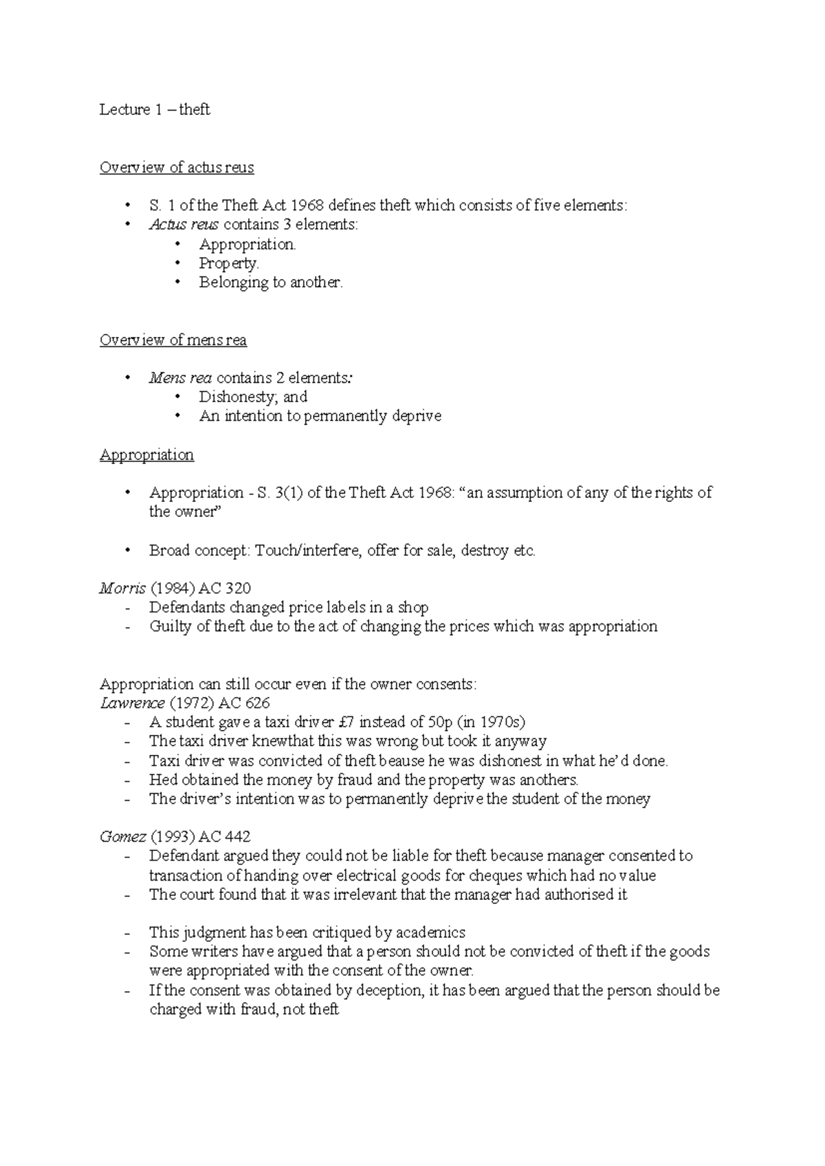 Lecture 1 - theft - Lecture 1 – theft Overview of actus reus - S. 1 of ...