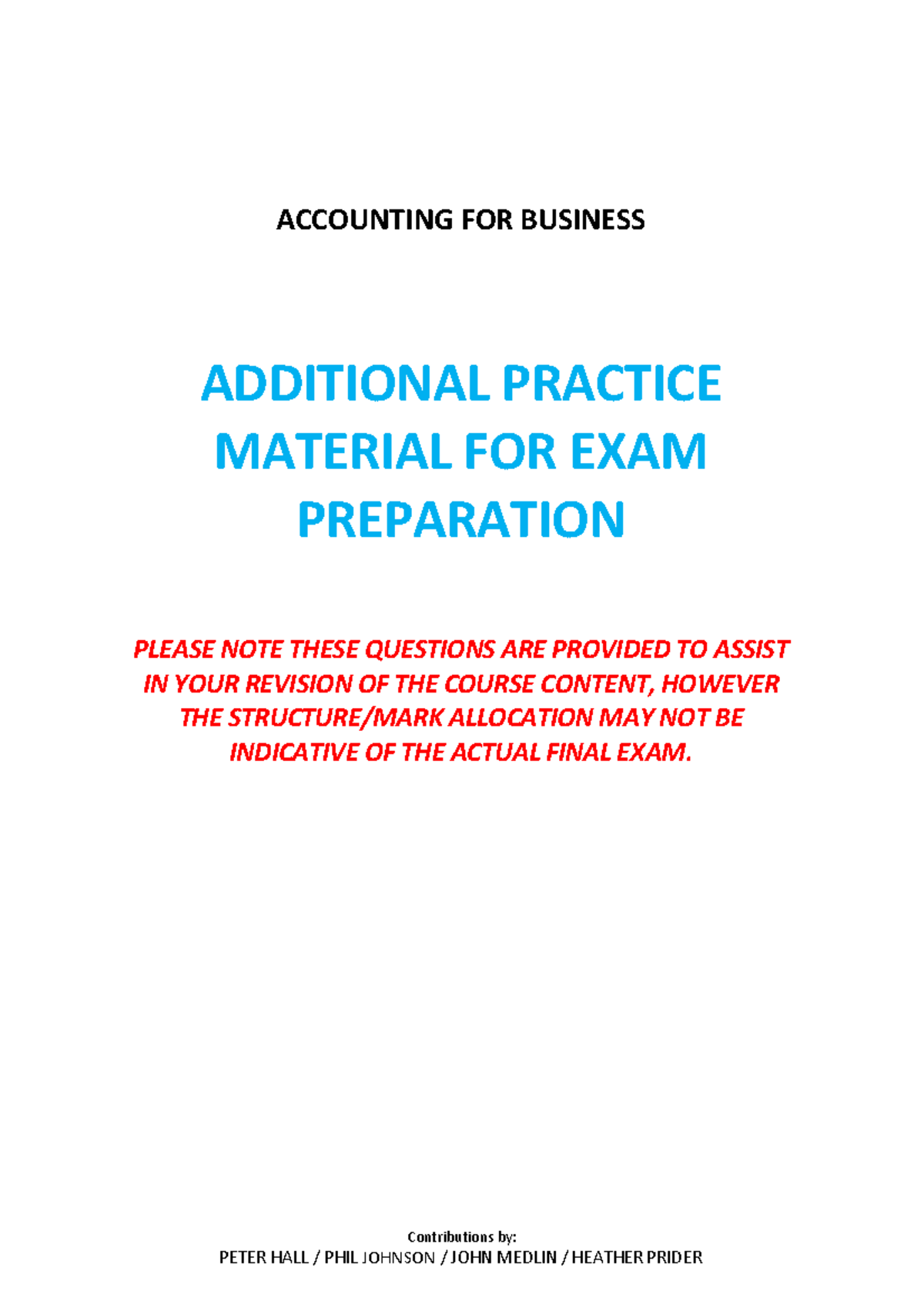 AFB Sample Exam Questions - ACCOUNTING FOR BUSINESS ADDITIONAL PRACTICE ...