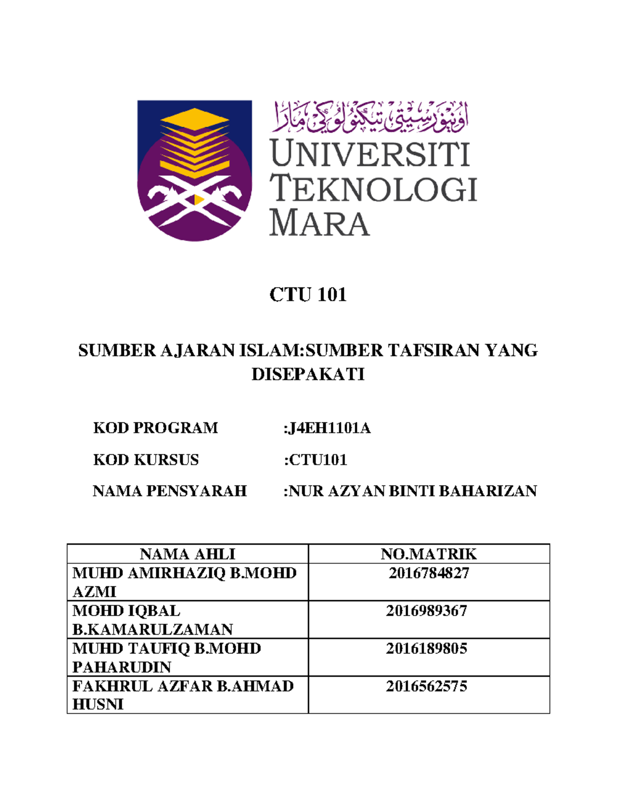 SUMBER AJARAN ISLAM:SUMBER TAFSIRAN YANG DISEPAKATI - CTU 101 SUMBER AJARAN ISLAM:SUMBER ...