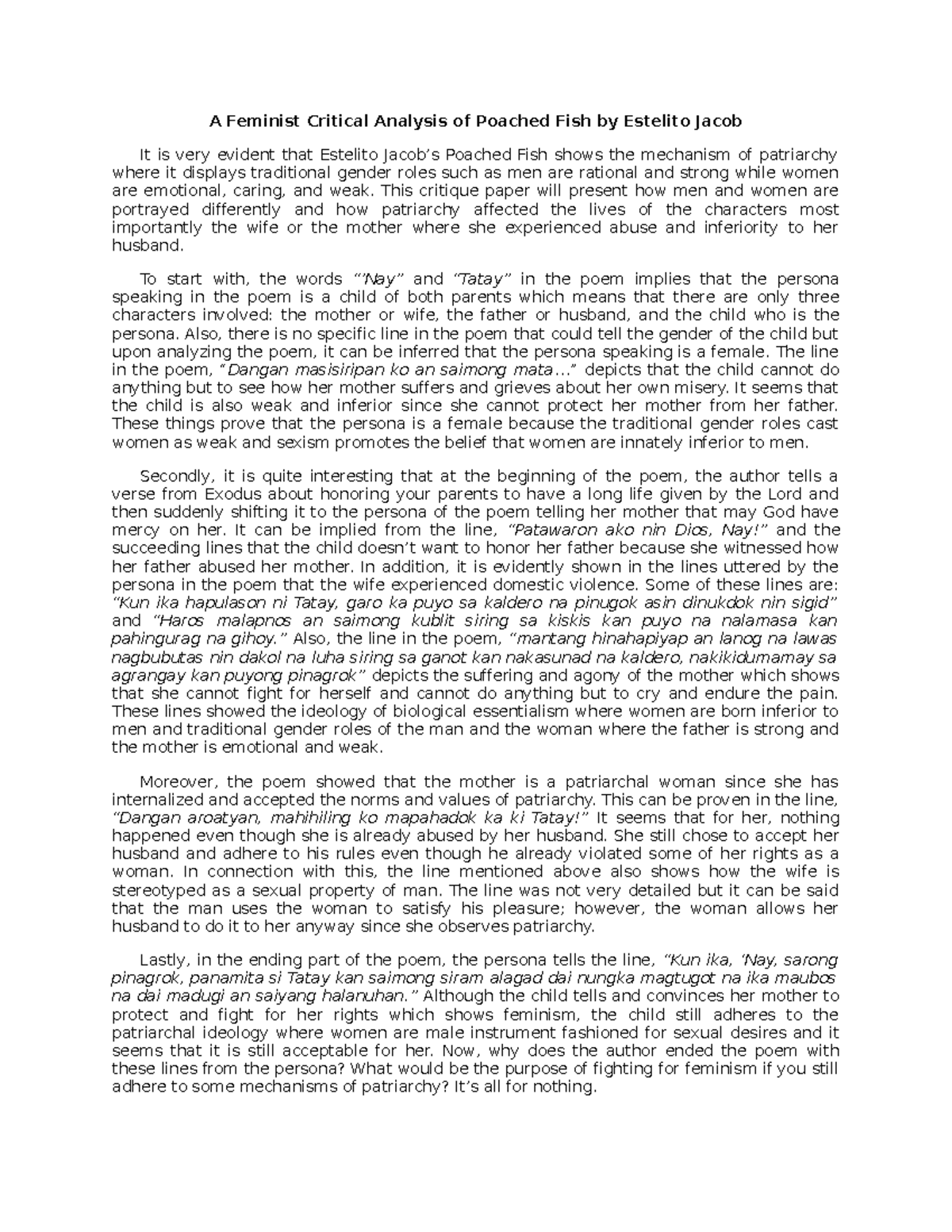 A Feminist Critical Analysis of Poached Fish by Estelito Jacob - This ...