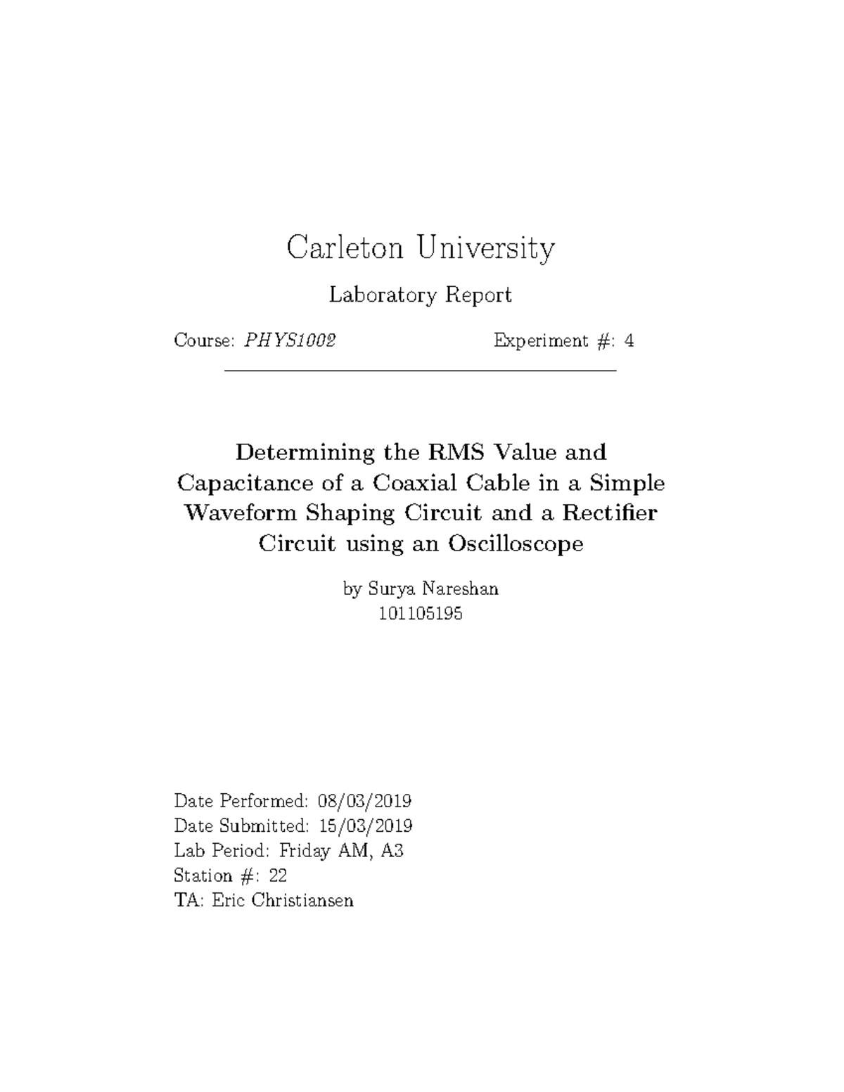 PHYS1002 Oscilloscope Lab - Carleton University Laboratory Report ...