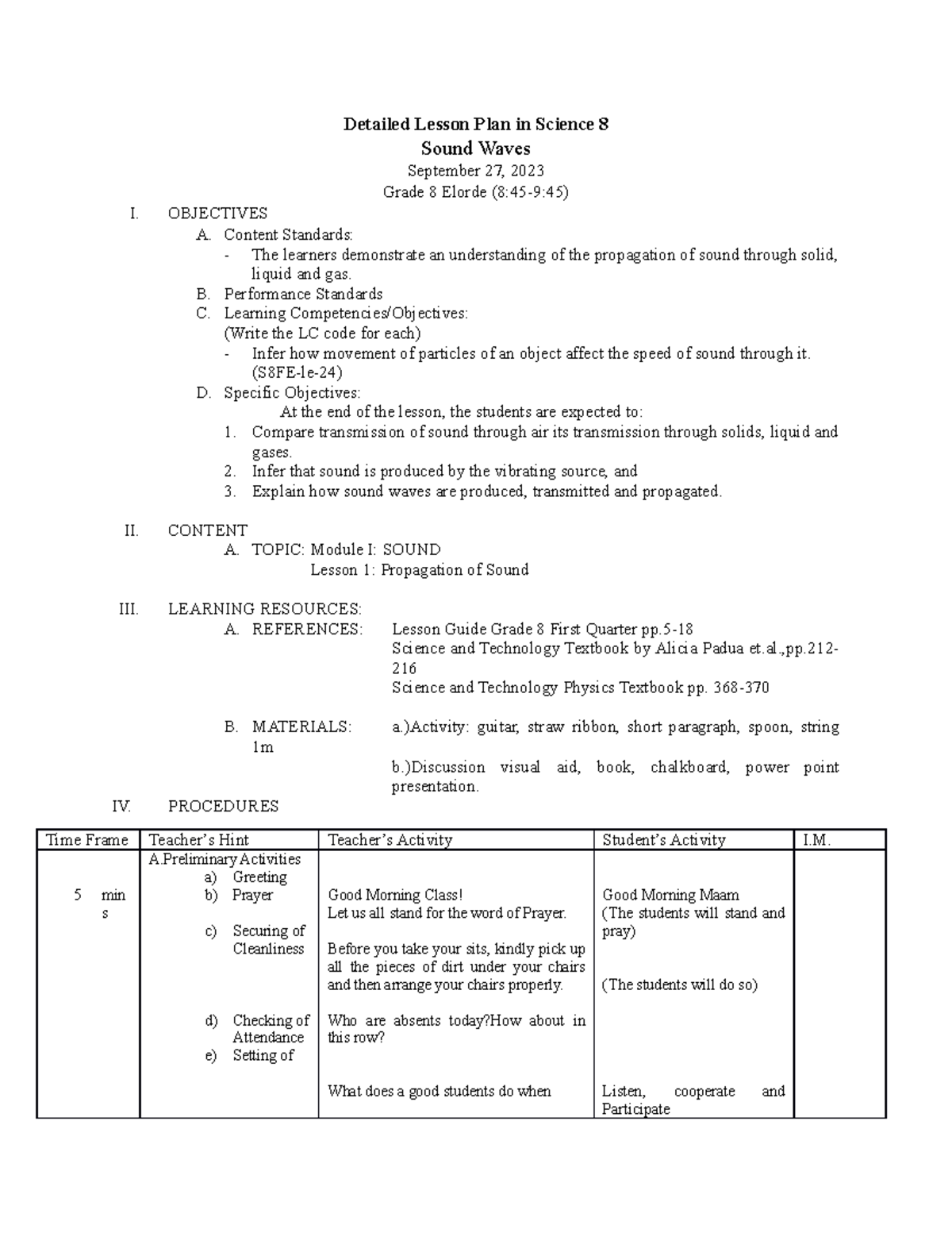 DLP Sound WAVE- Elorde - Detailed Lesson Plan in Science 8 Sound Waves ...