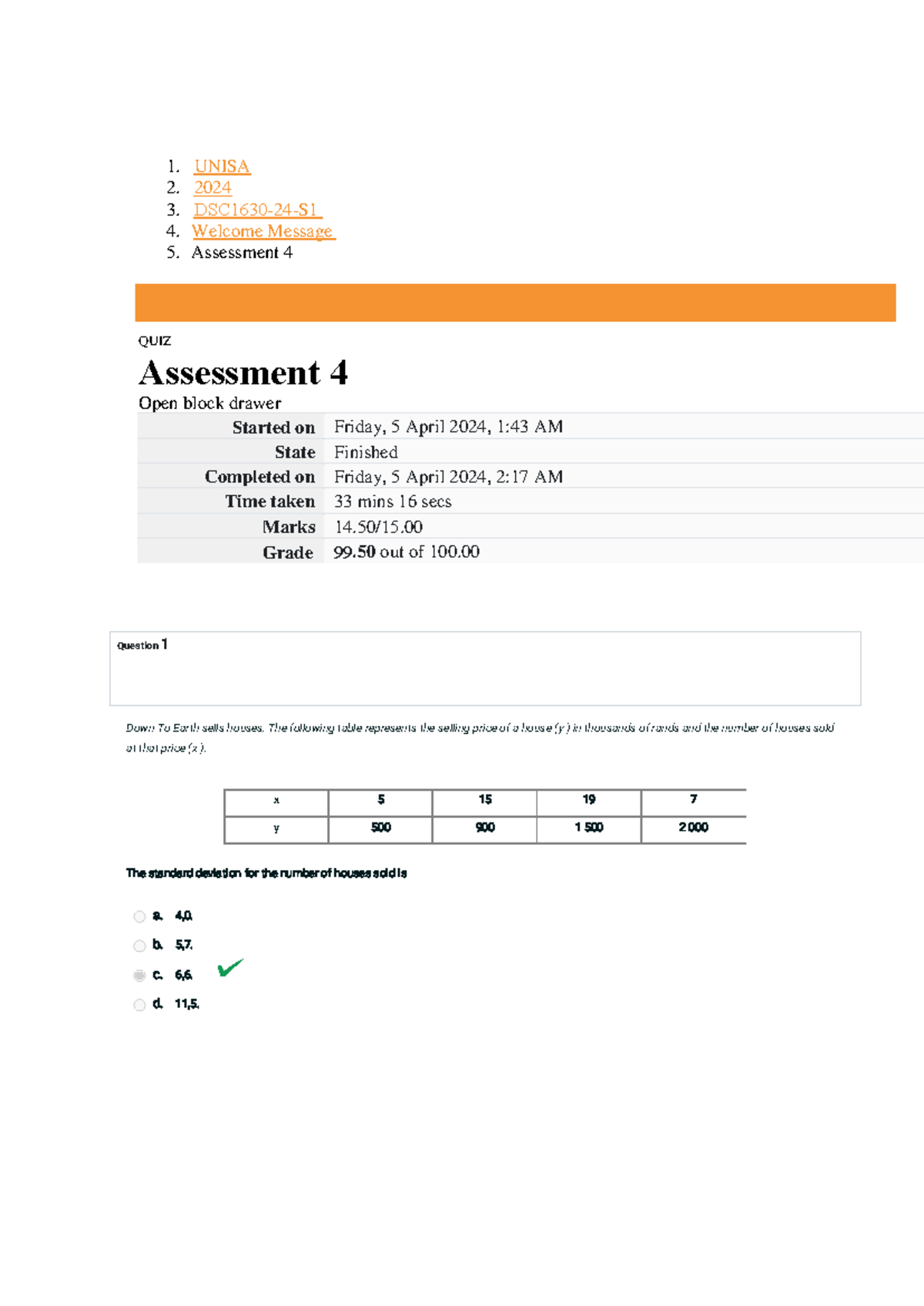DSC1630 Assignment 4 Semester 1 2024 - Down-To-Earth sells houses. The following table ...