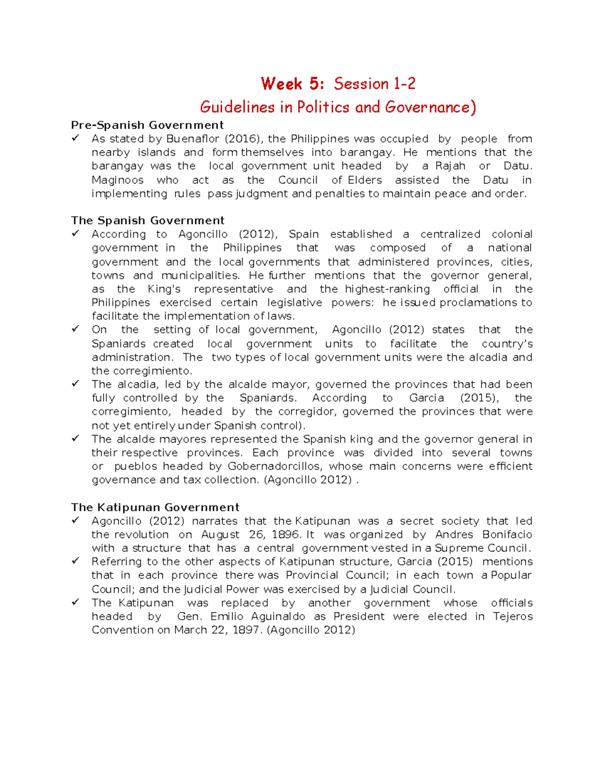 Week 5 - NOTE - Week 5: Session 1- 2 Guidelines in Politics and ...